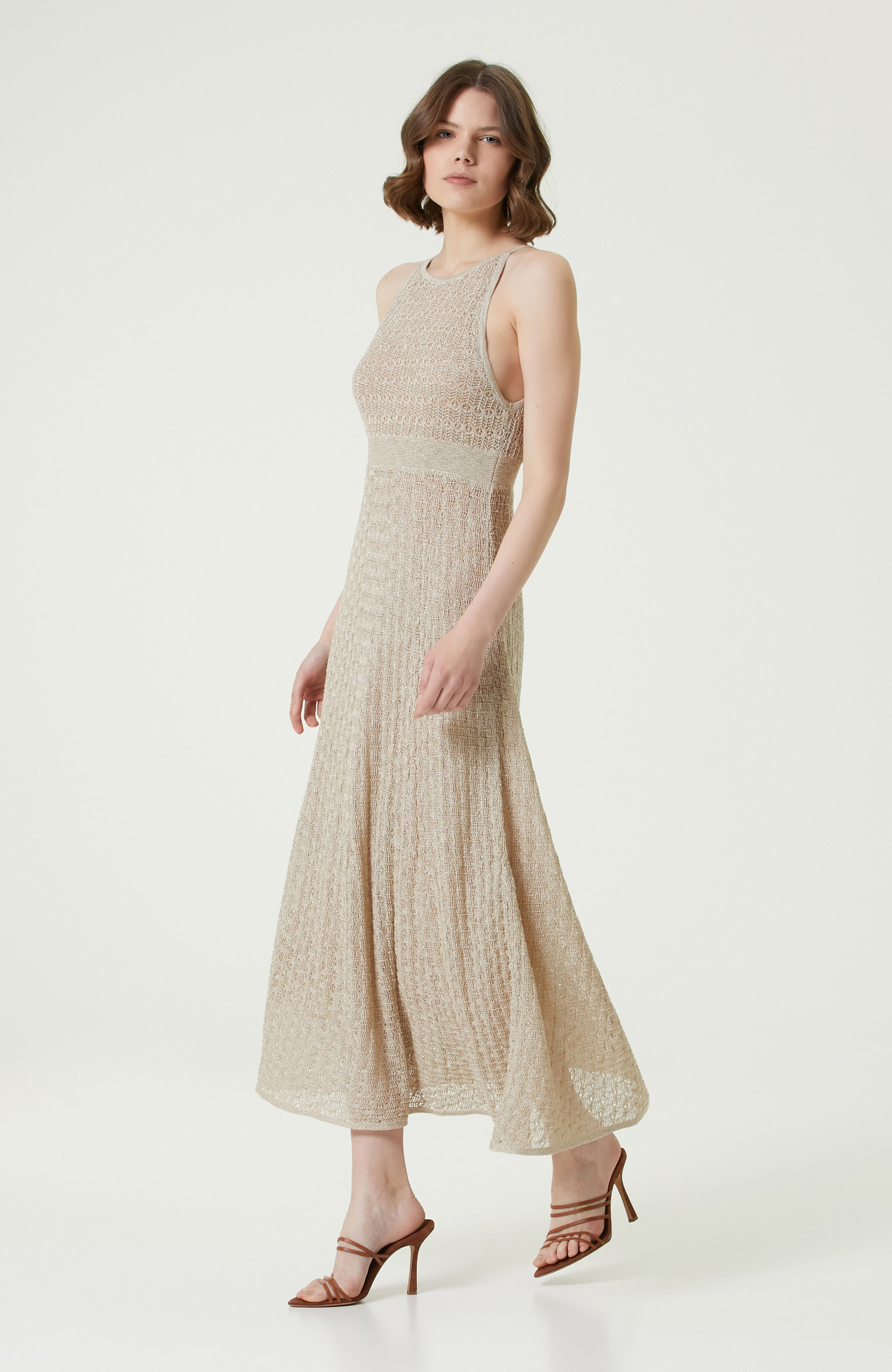 Bej Sim Dokulu Midi Elbise