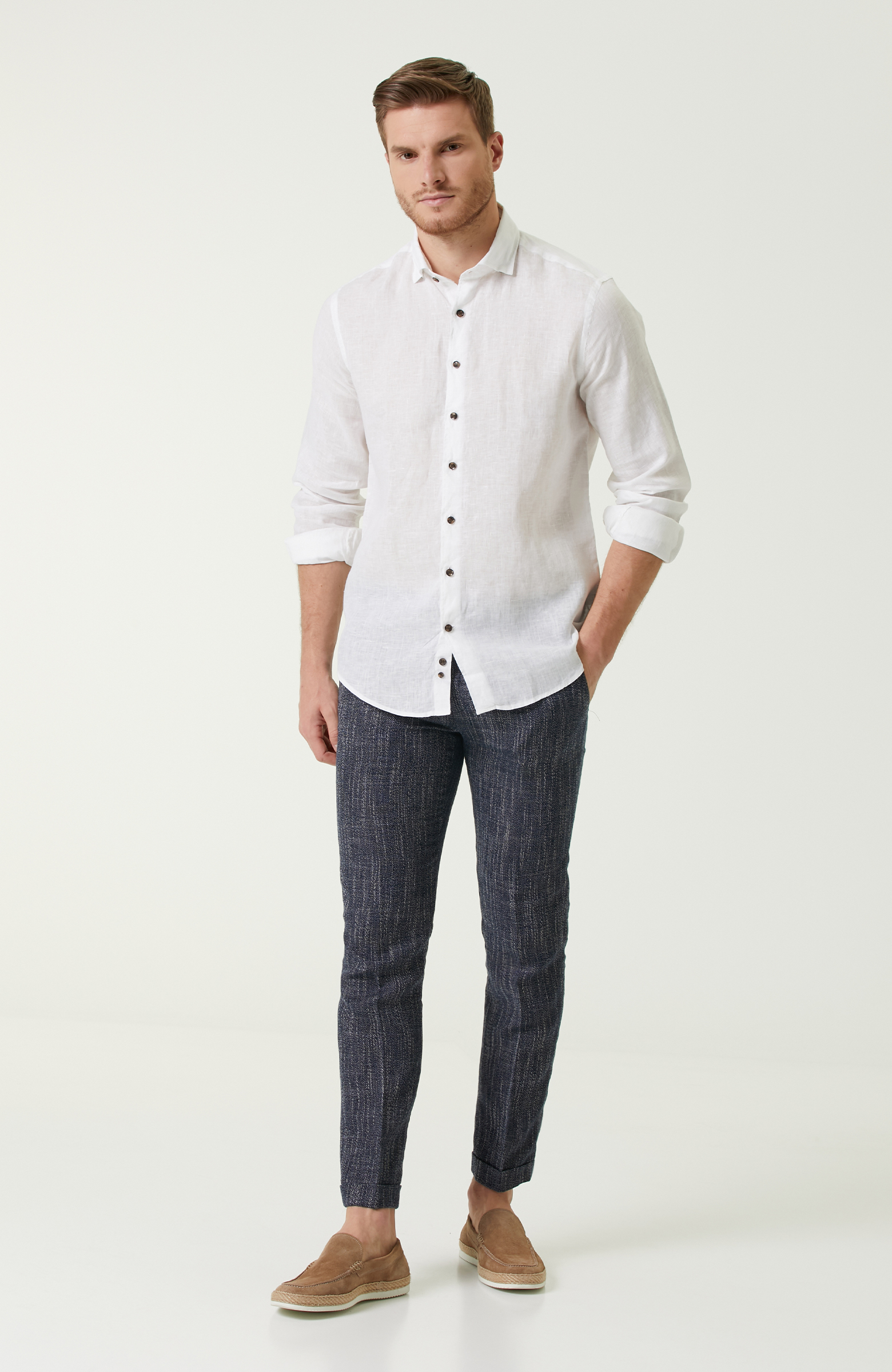 Slim Fit Lacivert Desenli Keten Pantolon Slim Fit Lacivert Desenli Keten Pantolon