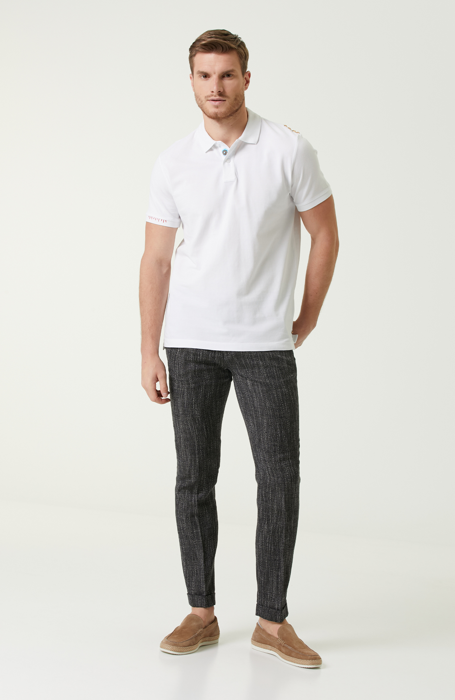 Slim Fit Siyah Desenli Keten Pantolon