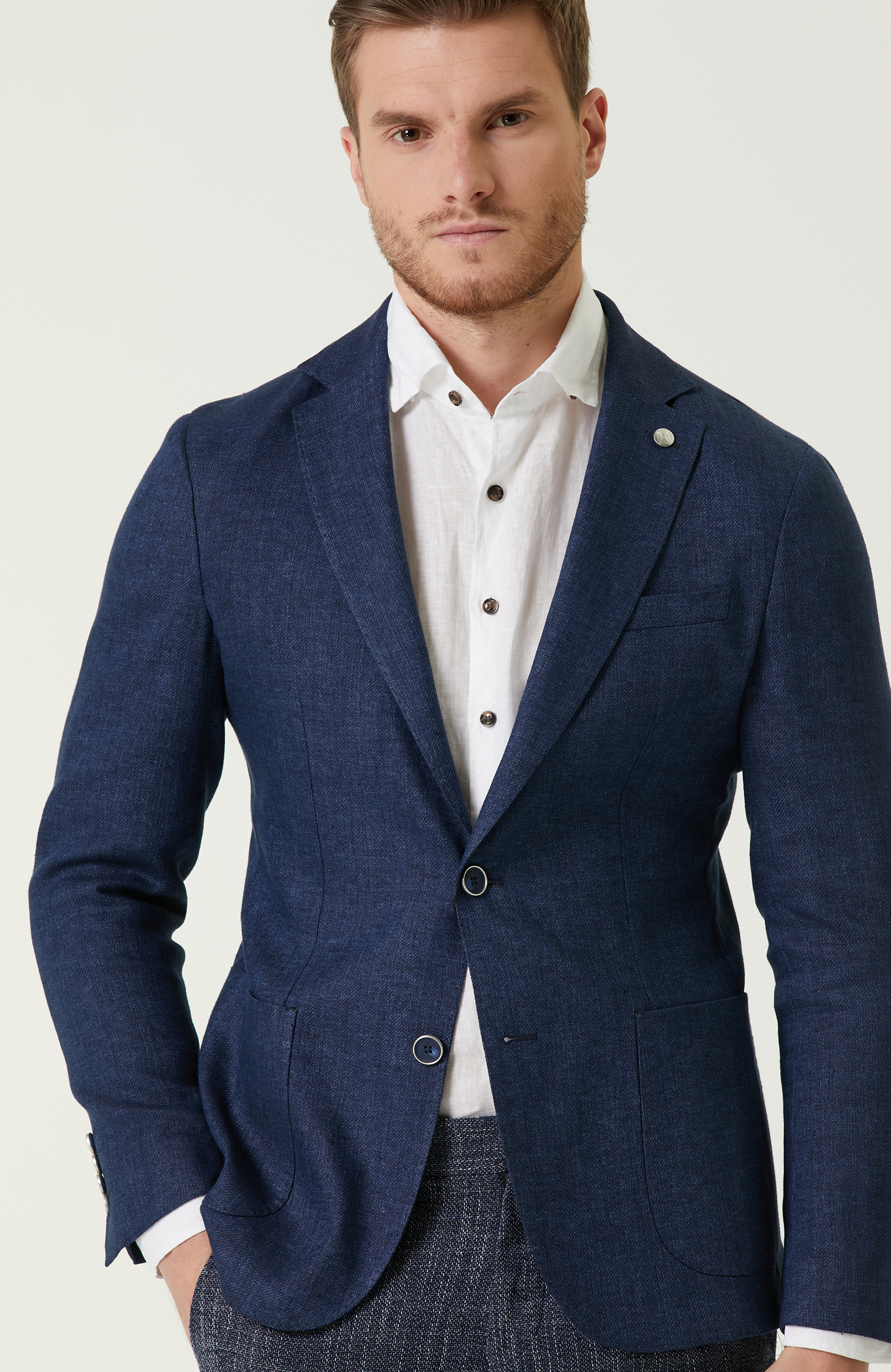 Indigo Desenli Keten Ceket Indigo Desenli Keten Ceket