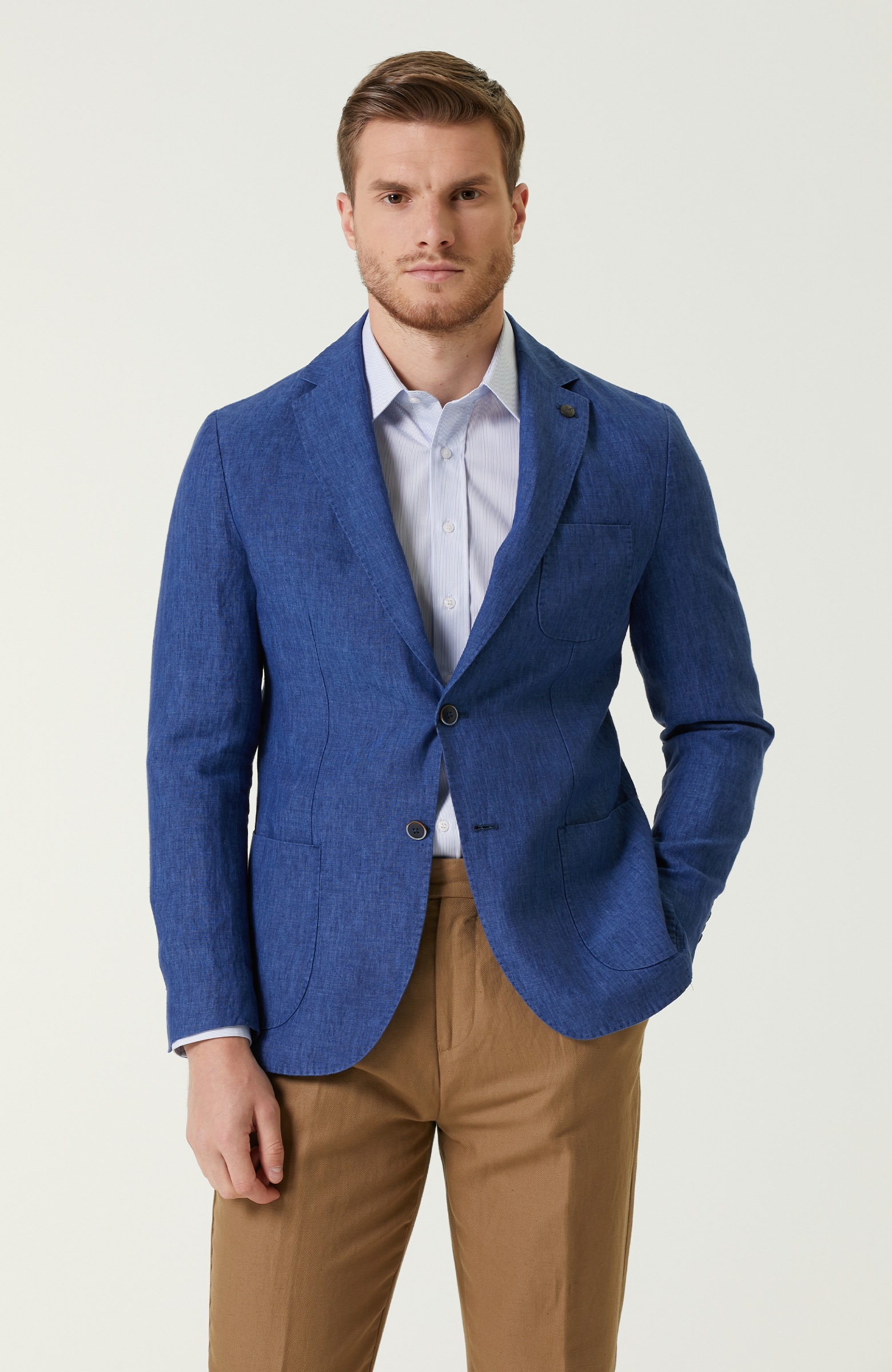 Comfort Fit Indigo Desenli Keten Ceket Comfort Fit Indigo Desenli Keten Ceket