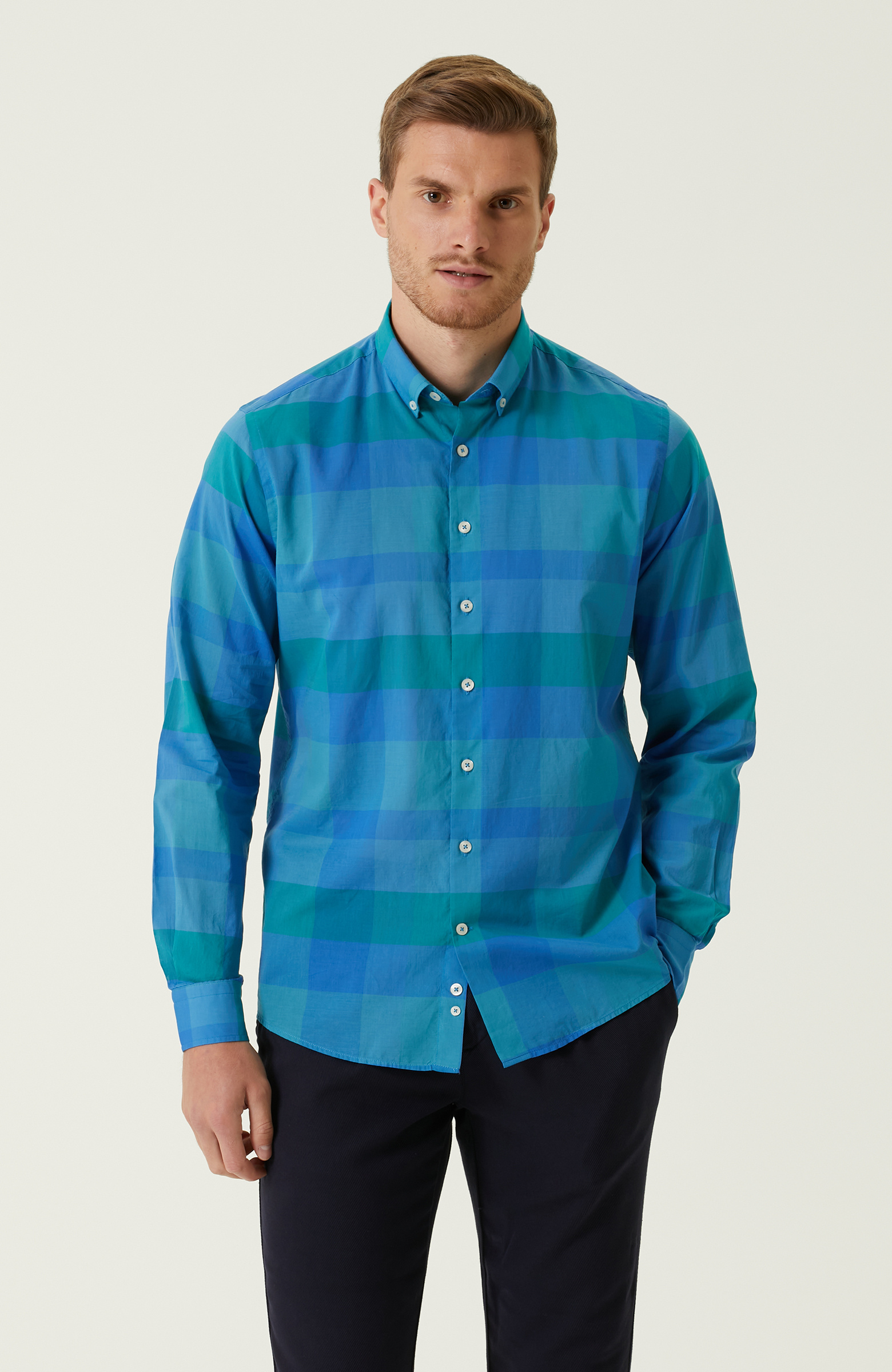 Comfort Fit Mavi Ekose Desenli Gömlek Comfort Fit Mavi Ekose Desenli Gömlek