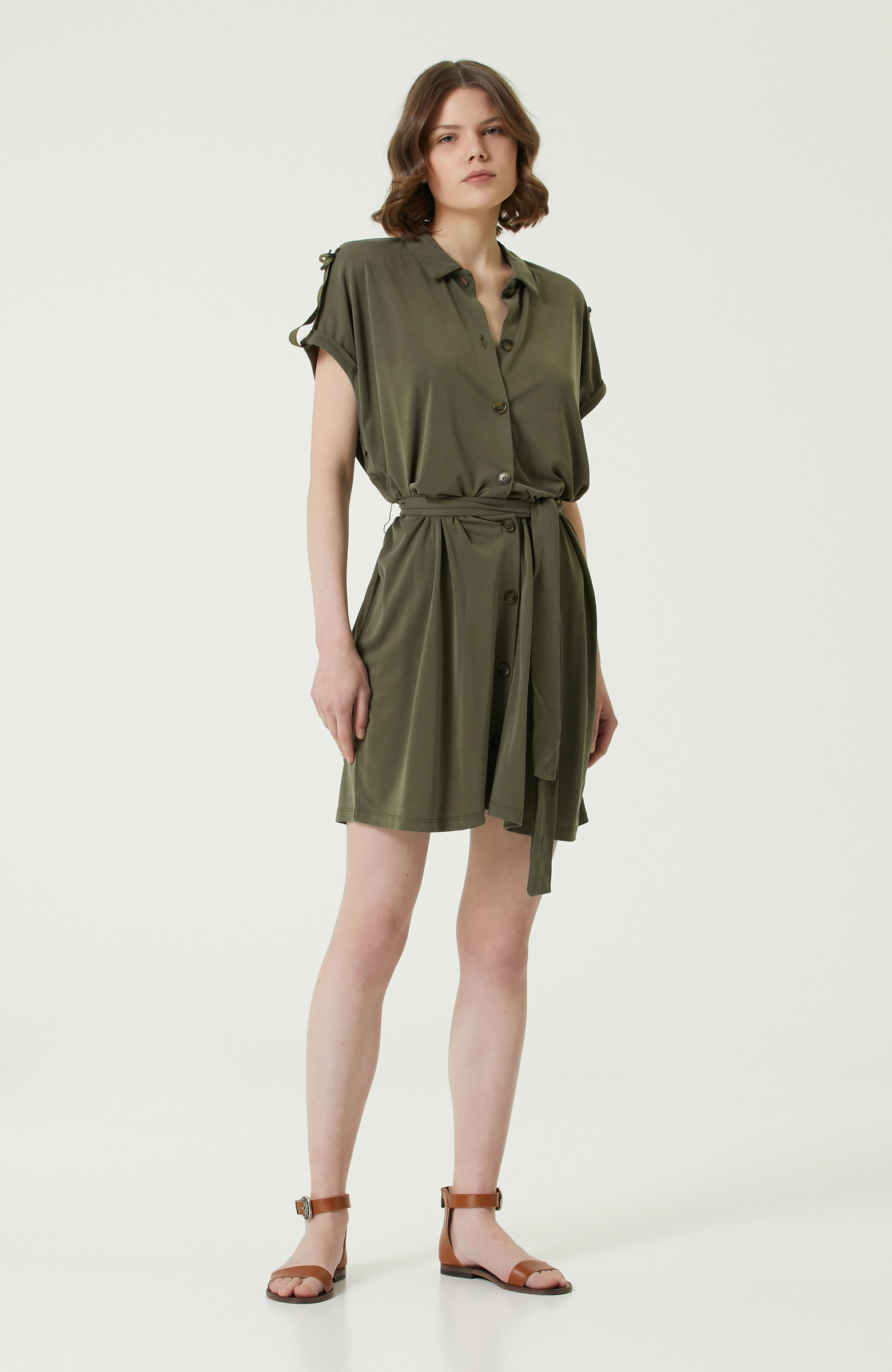 Slim Fit Haki İngiliz Yaka Mini Elbise