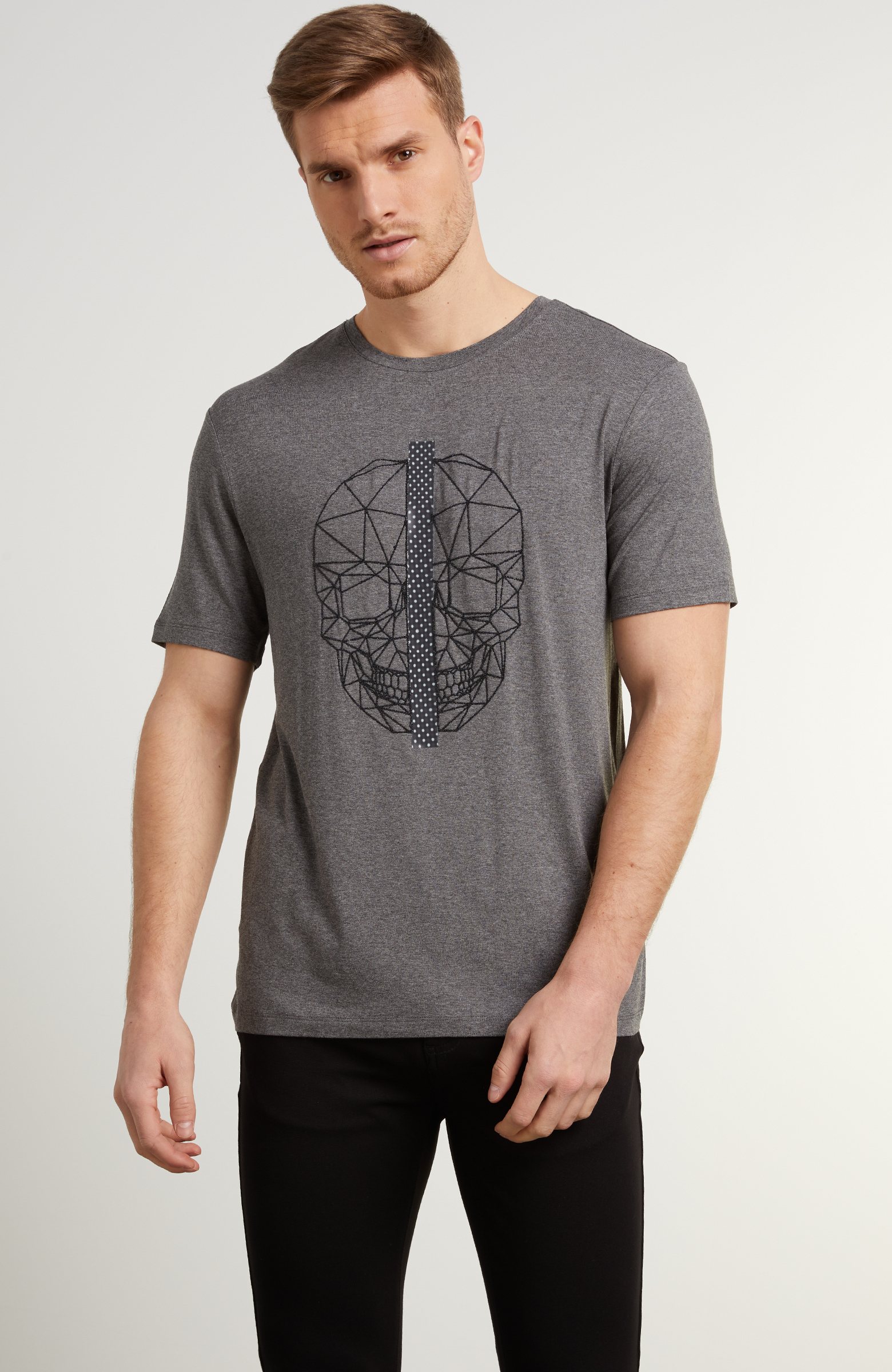 Slim fit Gri Melanj Kurukafa Baskılı Basic T-shirt Slim fit Gri Melanj Kurukafa Baskılı Basic T-shirt