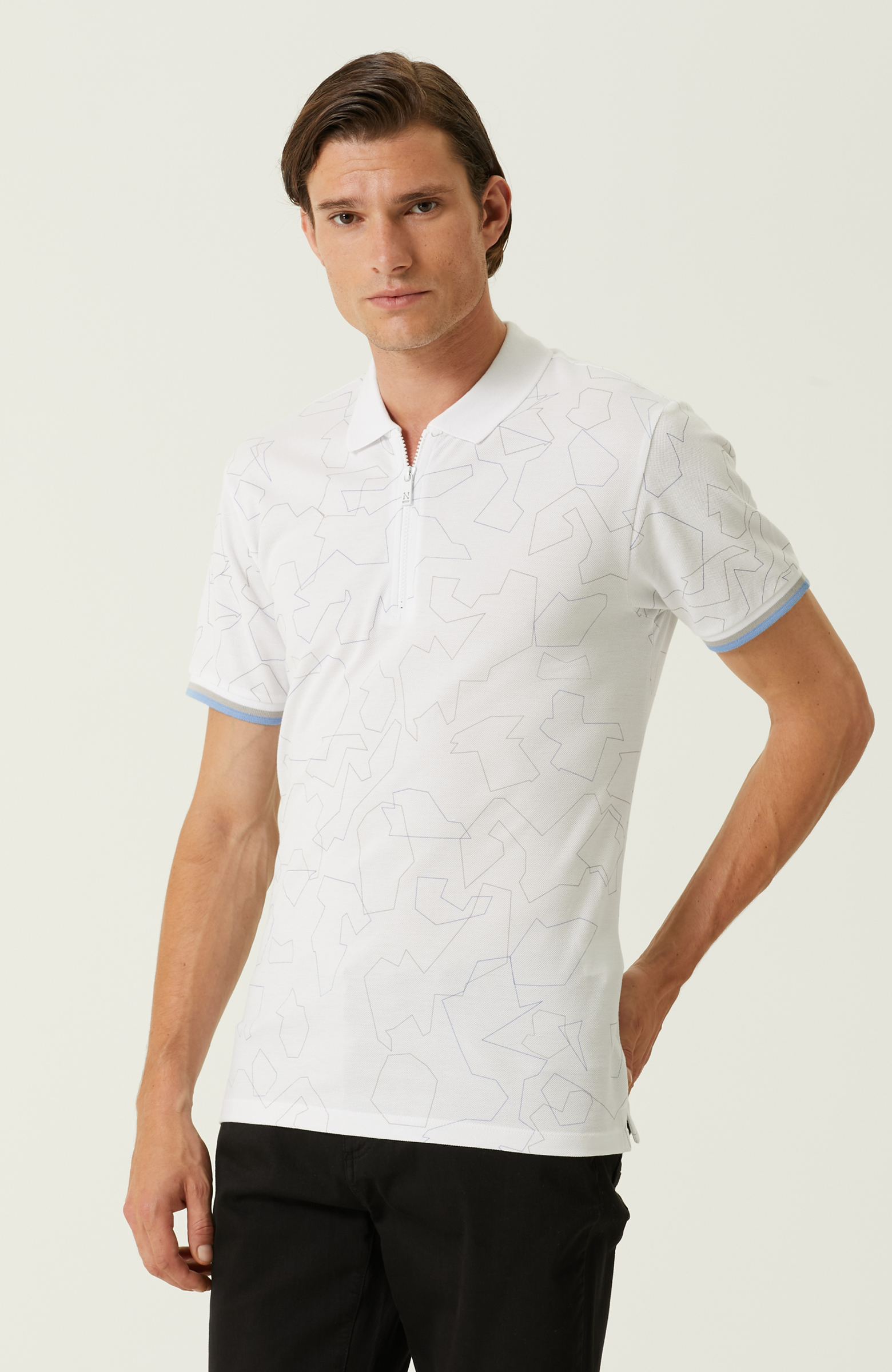 Slim Fit Beyaz Polo Yaka Desenli T-shirt