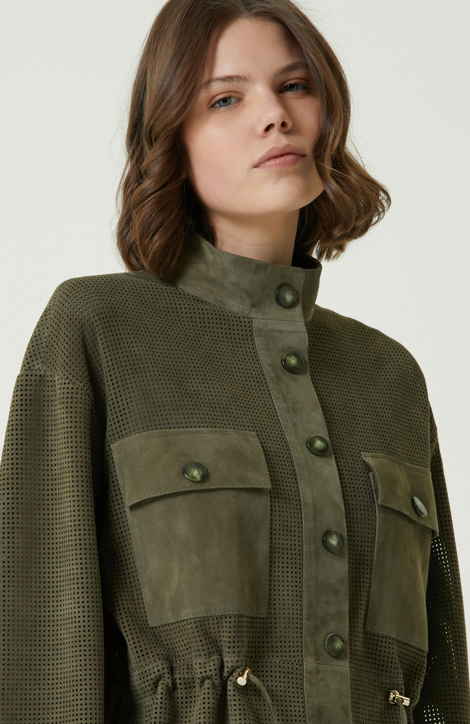 Regular Fit Haki Dik Yaka Beli Büzgülü Süet Mont Regular Fit Haki Dik Yaka Beli Büzgülü Süet Mont