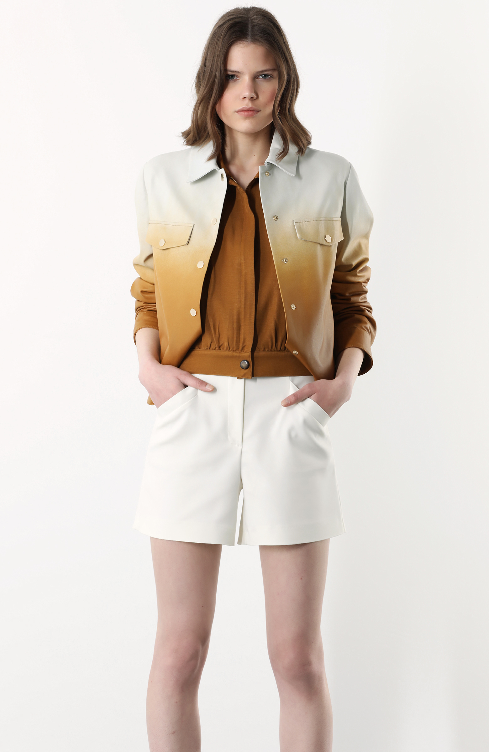 Karamel Polo Yaka Degradeli Deri Mont