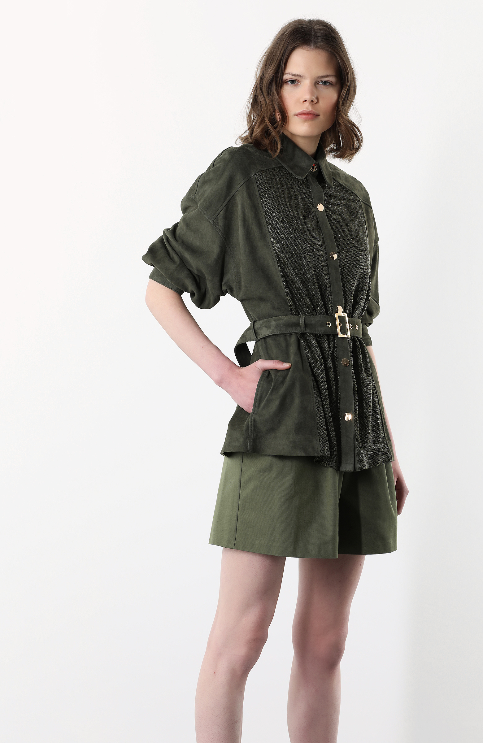 Haki Polo Yaka Beli Kemerli Süet Mont