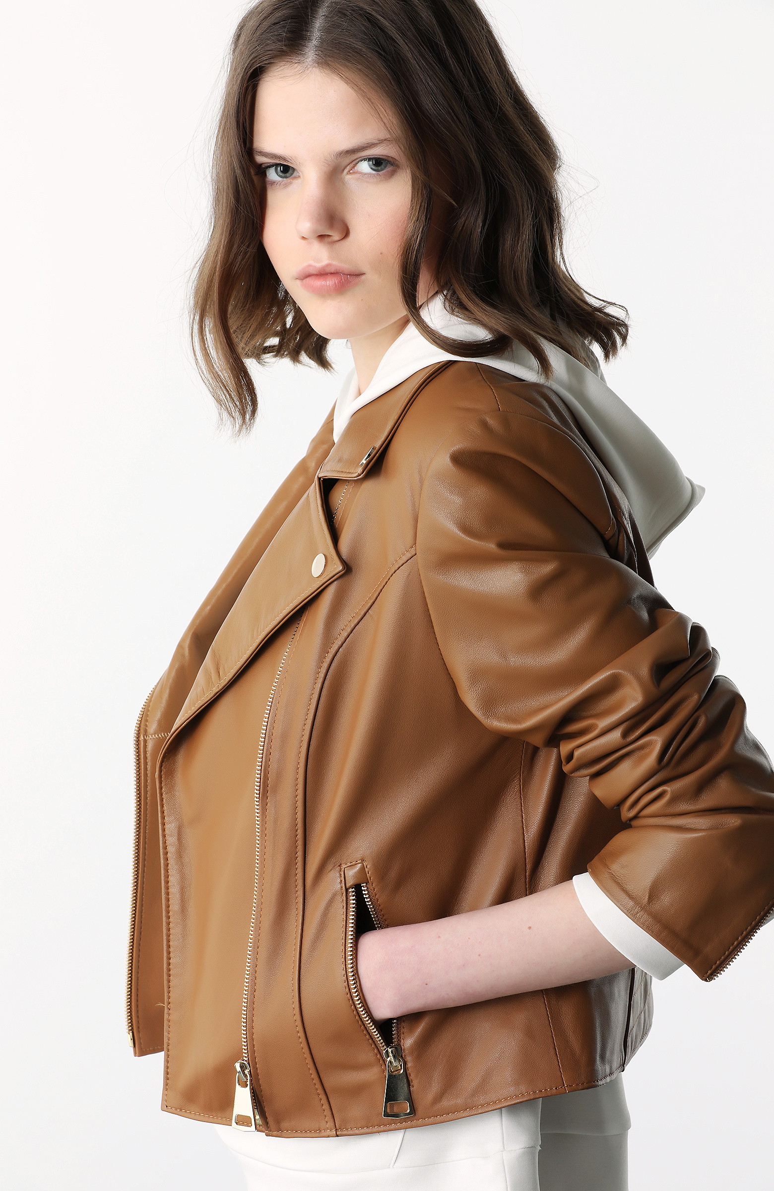 Slim Fit Taba Deri Mont