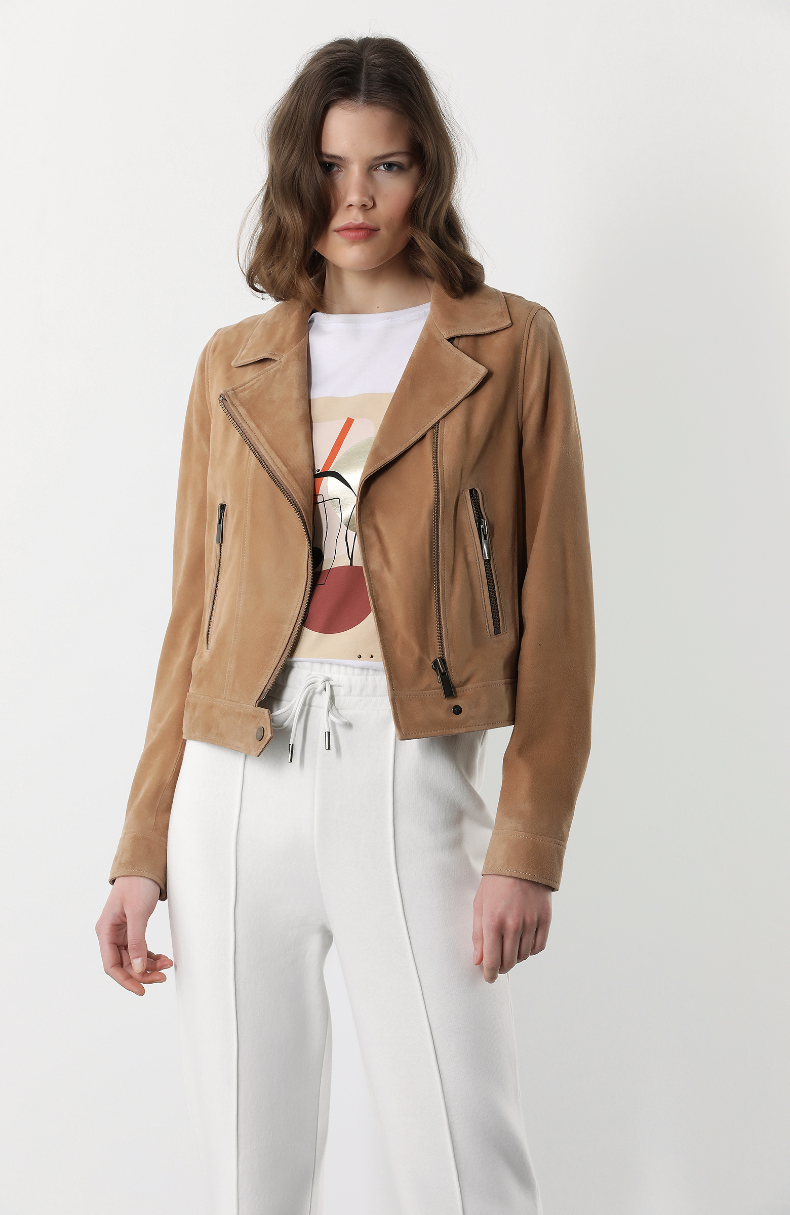 Slim Fit Bej Süet Mont