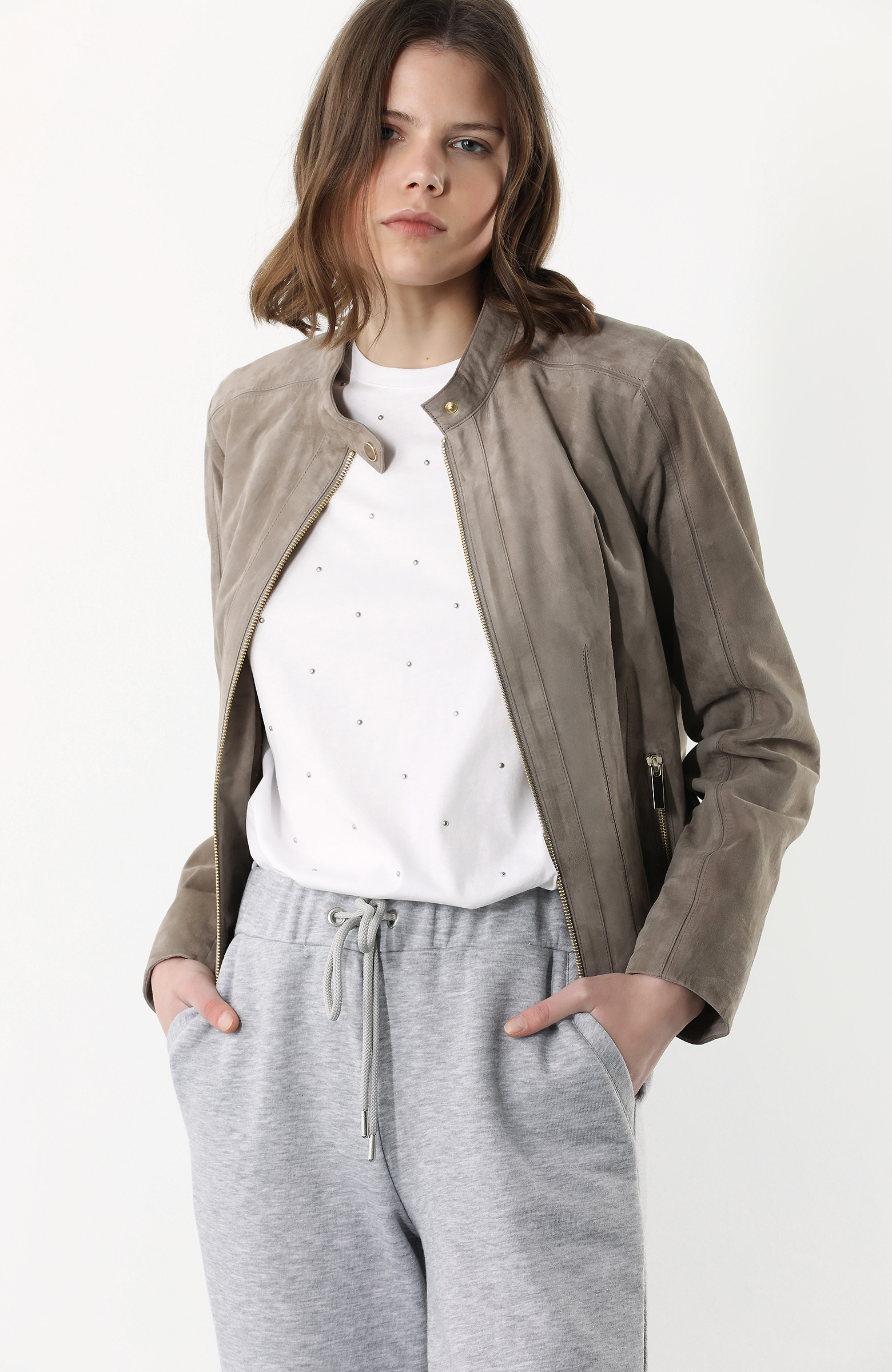 Slim Fit Vizon Dik Yaka Deri Mont Slim Fit Vizon Dik Yaka Deri Mont