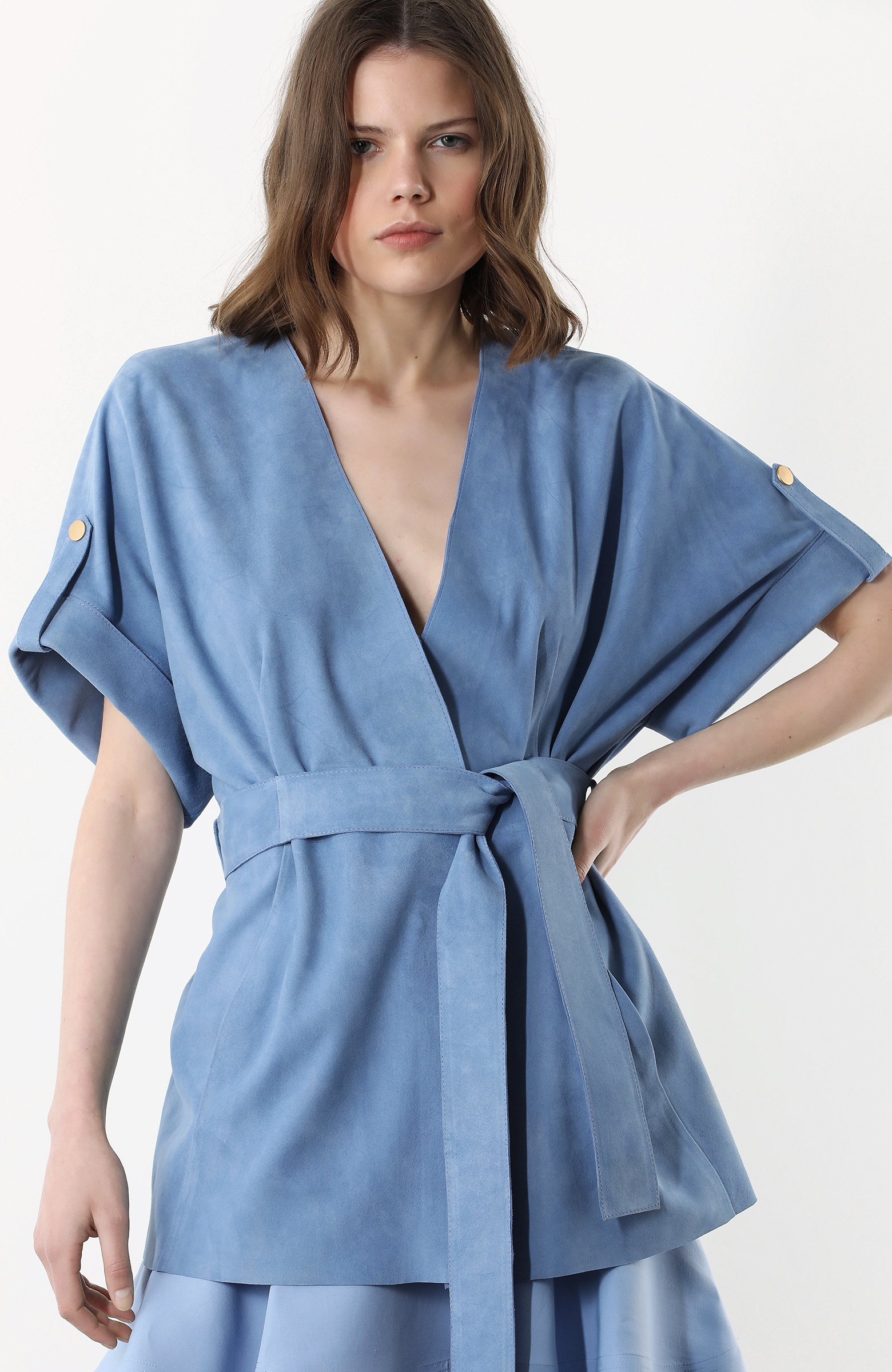 Regular Fit Mavi Kuşaklı Süet Mont