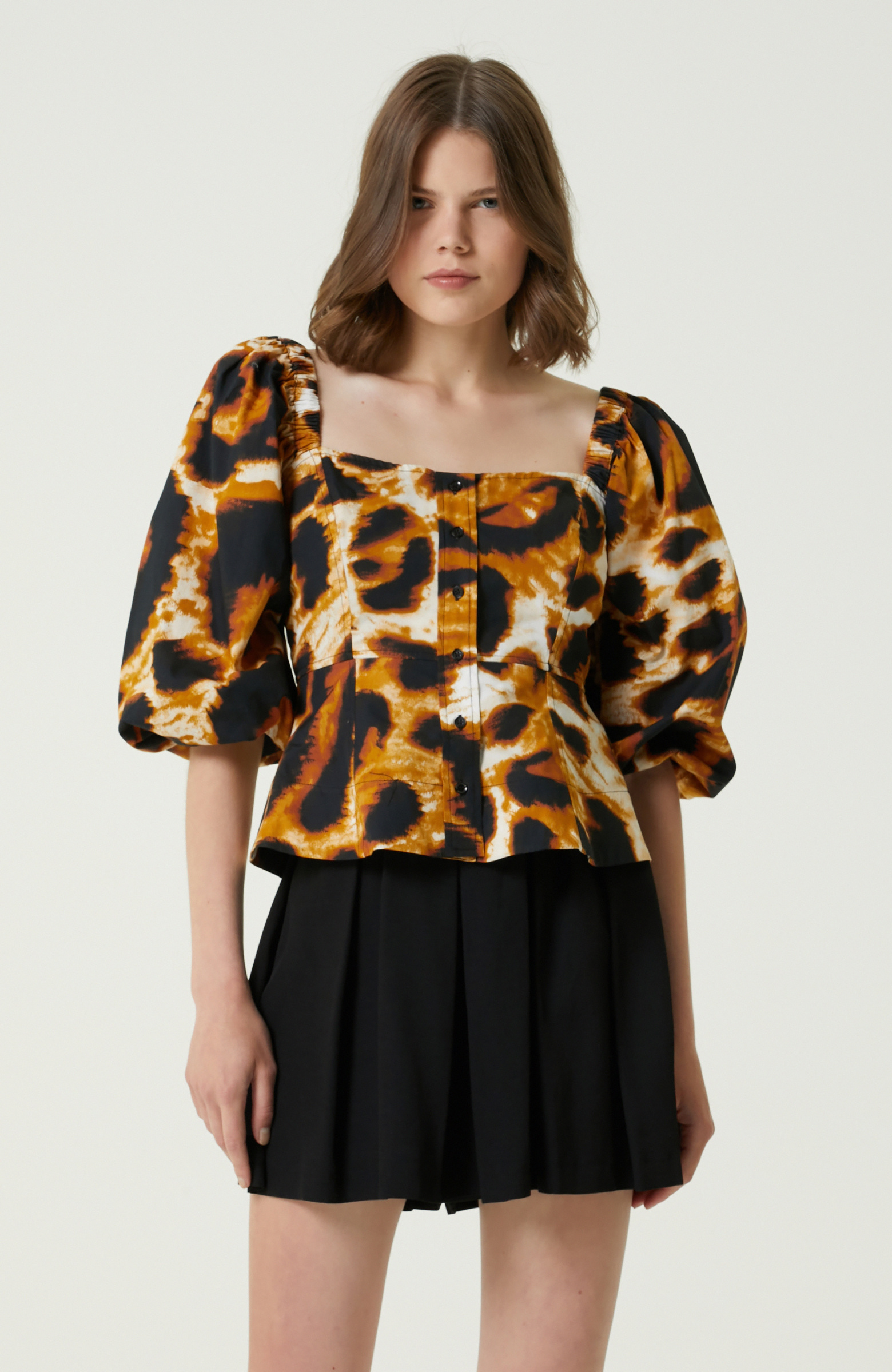 Hardal Desenli Balon Kol Bluz