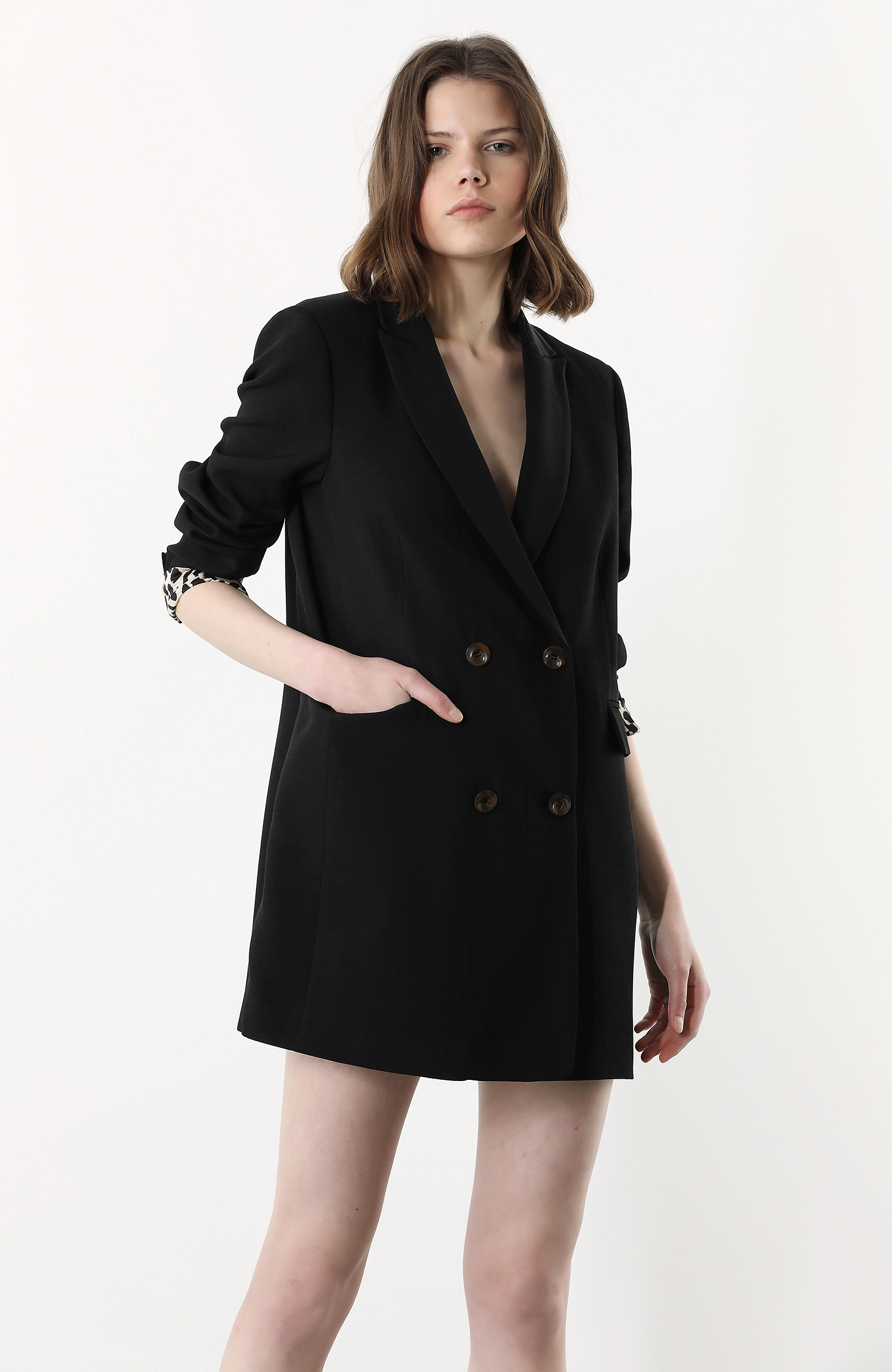 Regular Fit Siyah Kruvaze Ceket