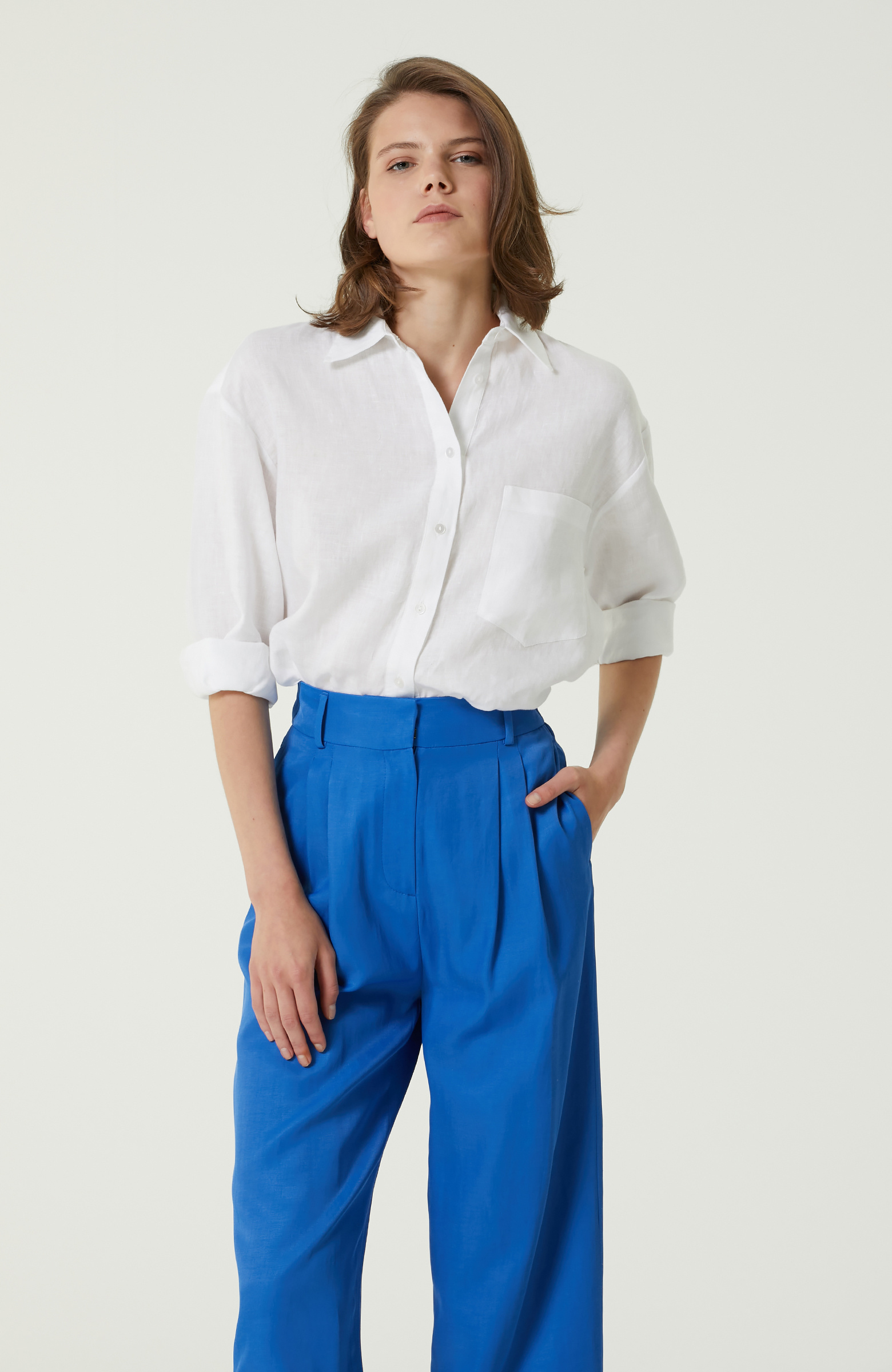 Regular Fit Beyaz Keten Gömlek