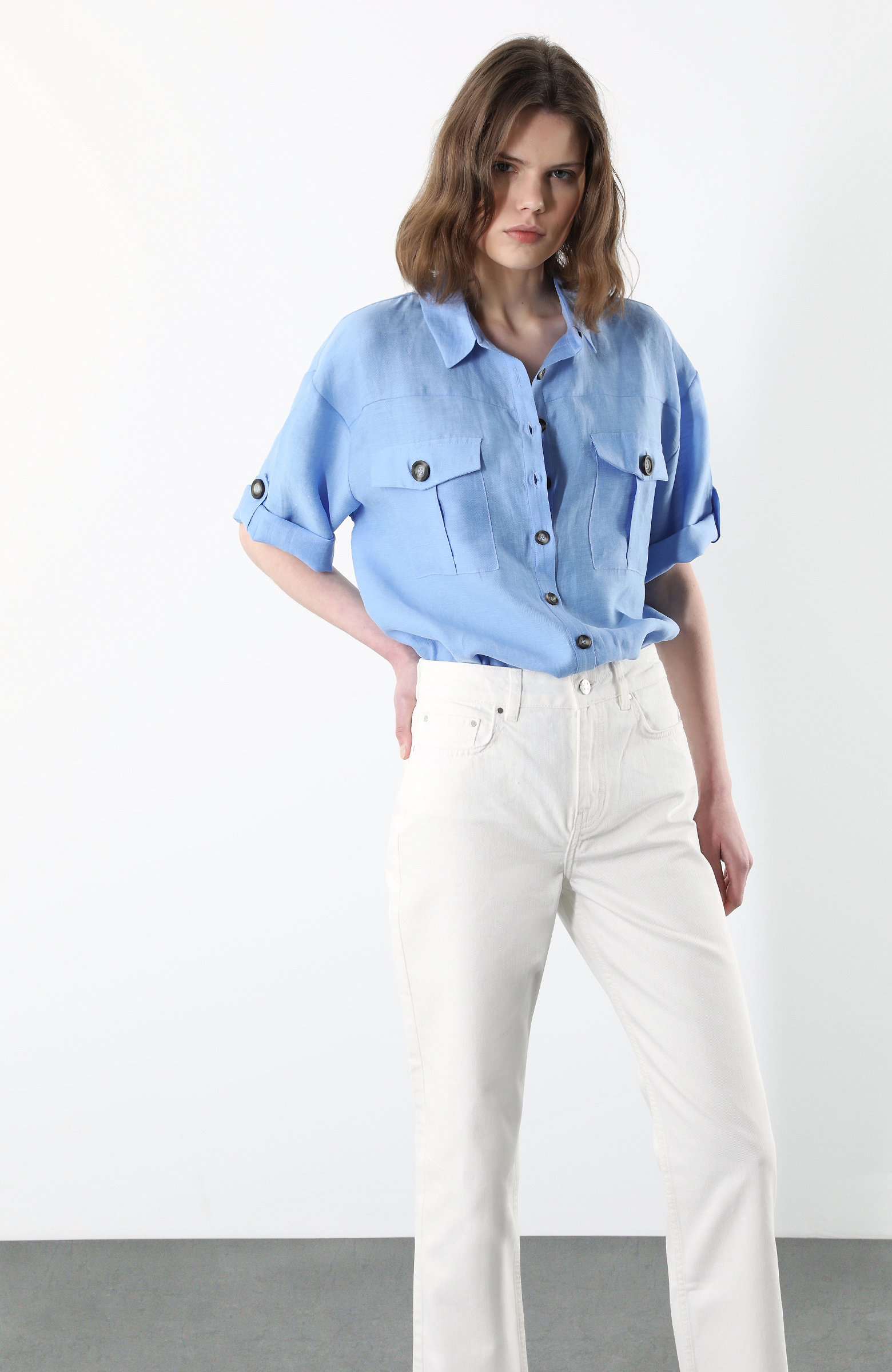 Mavi Polo Yaka Keten Gömlek