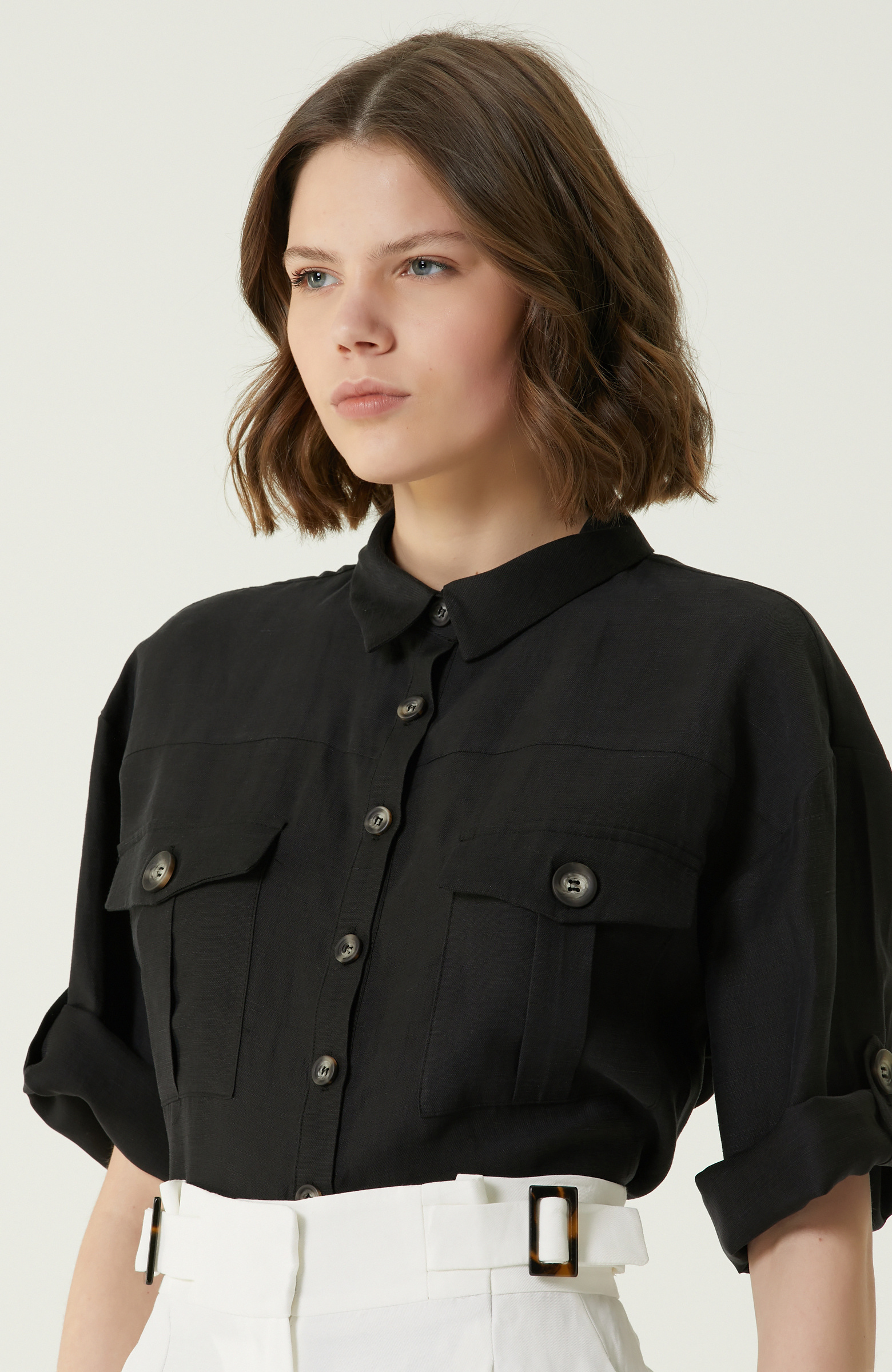 Regular Fit Siyah Keten Gömlek