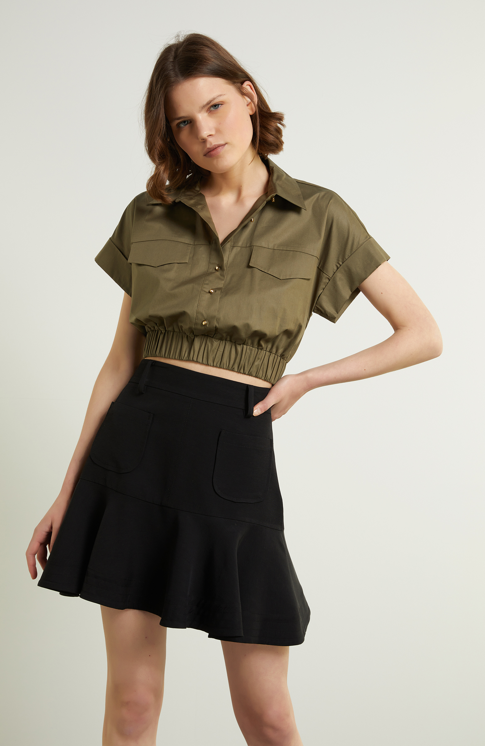 Slim Fit Haki Polo Yaka Cropped Gömlek