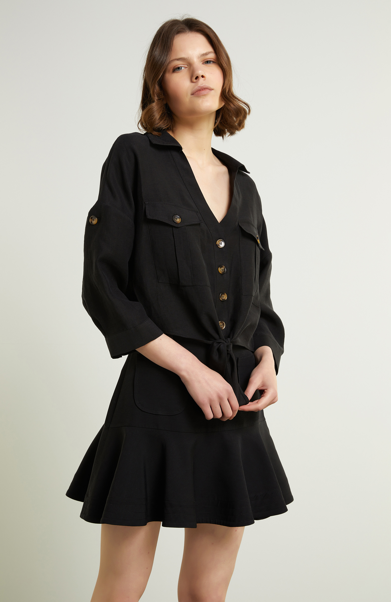 Slim Fit Siyah Keten Gömlek