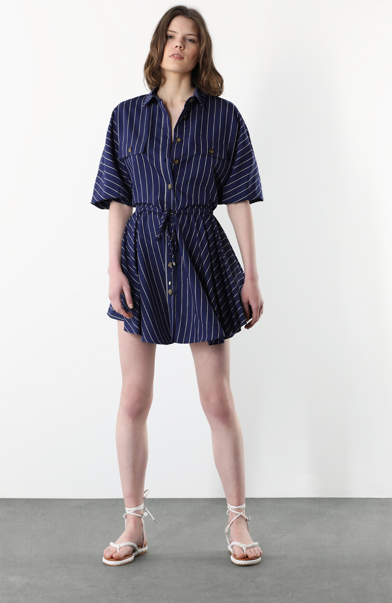 Lacivert Çizgili Mini Gömlek Elbise Lacivert Çizgili Mini Gömlek Elbise
