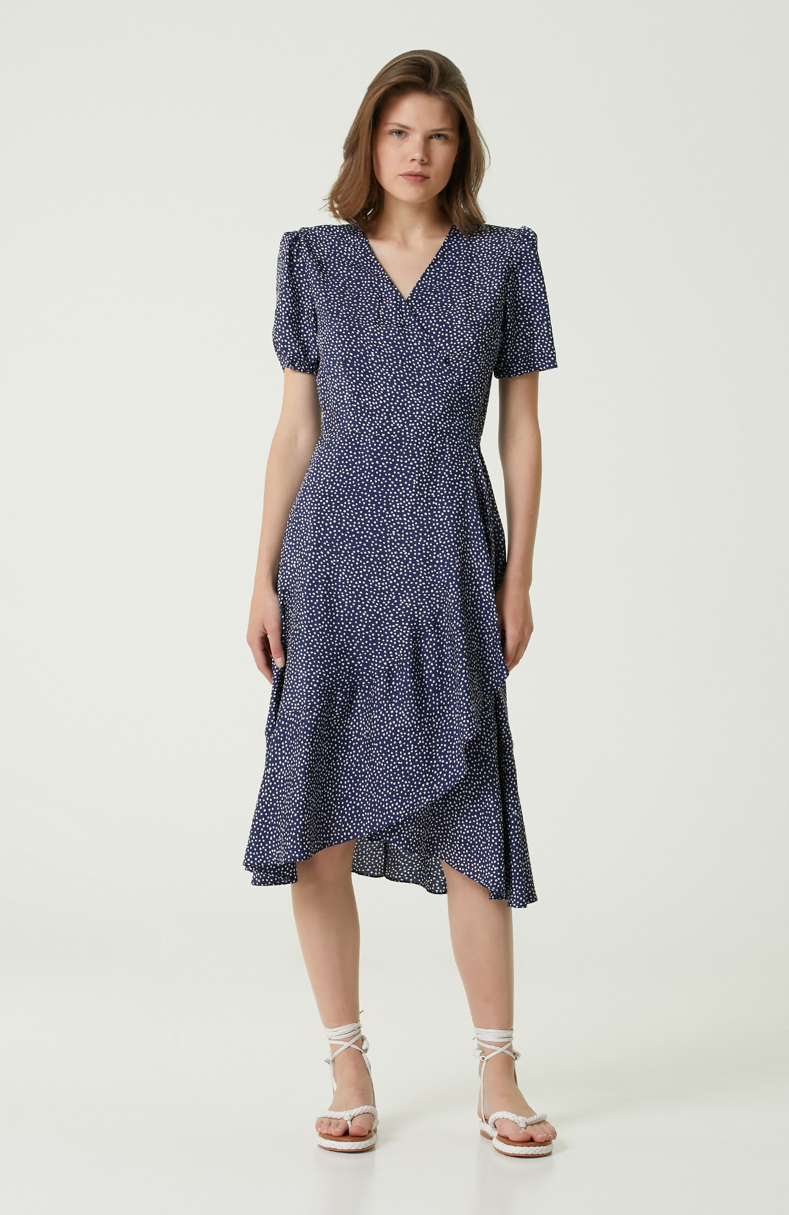 Lacivert Beyaz Desenli Midi Elbise Lacivert Beyaz Desenli Midi Elbise