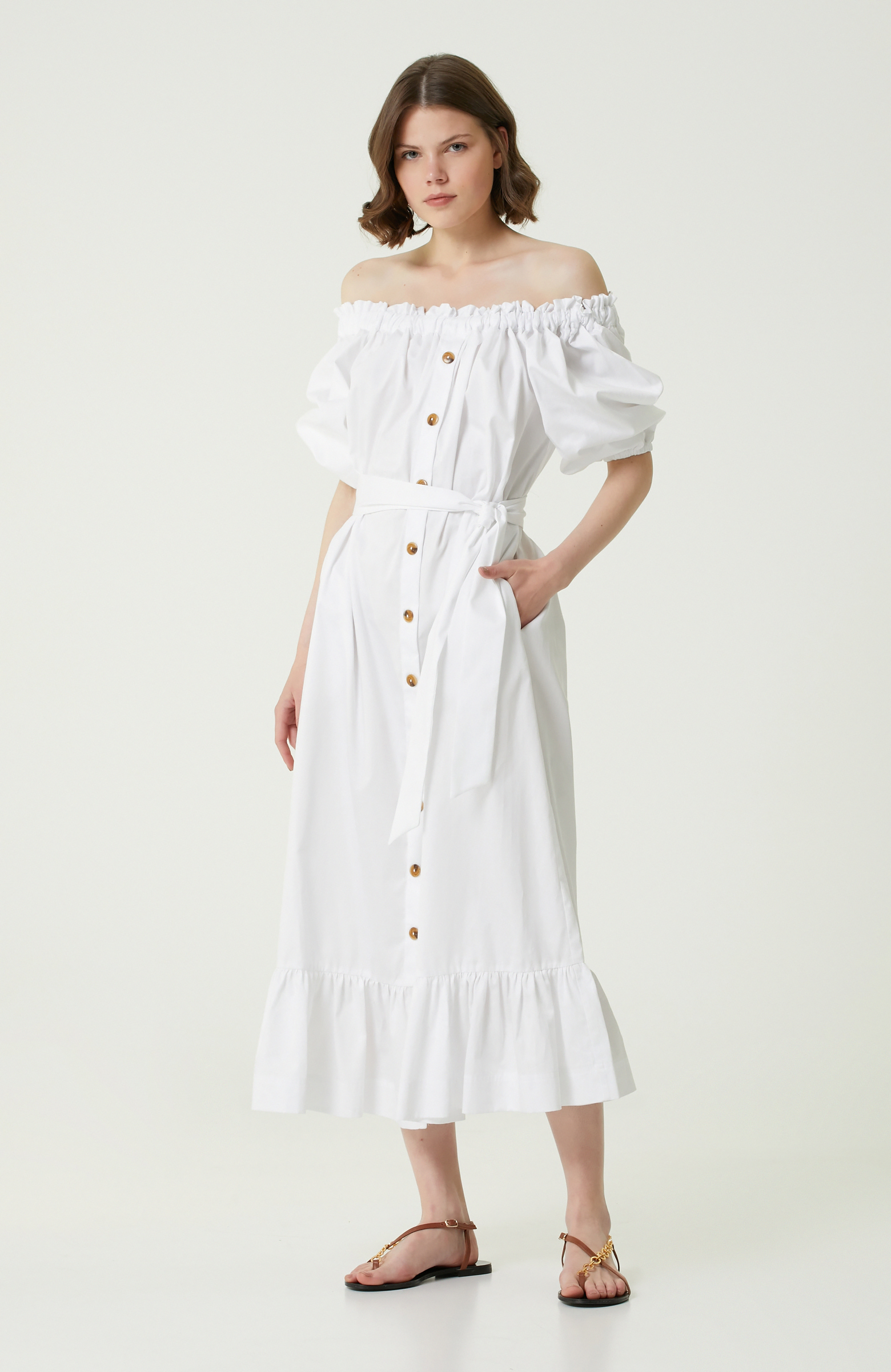 Regular Fit Beyaz Düşük Omuzlu Midi Elbise