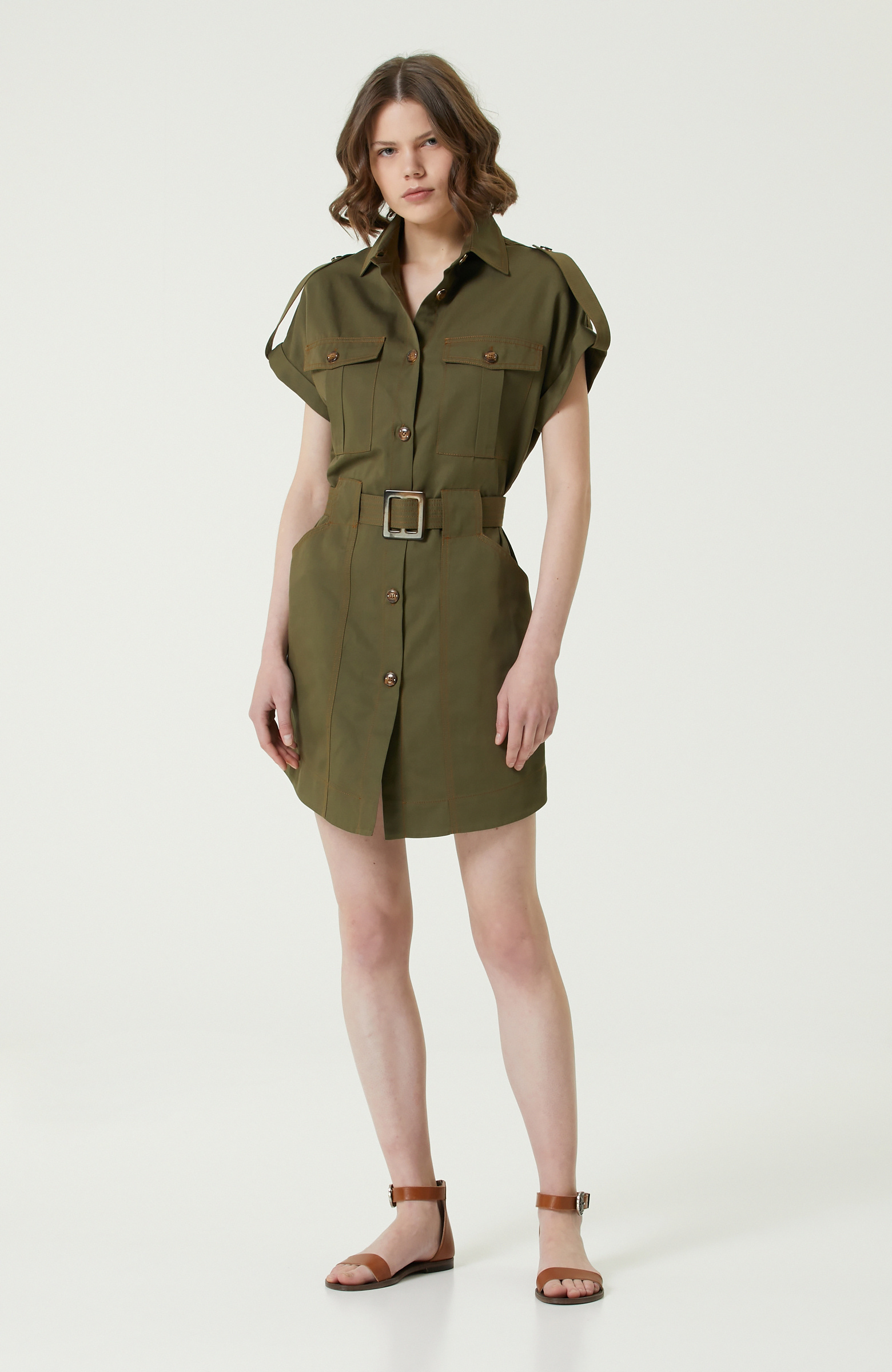 Slim Fit Haki İngiliz Yaka Mini Elbise