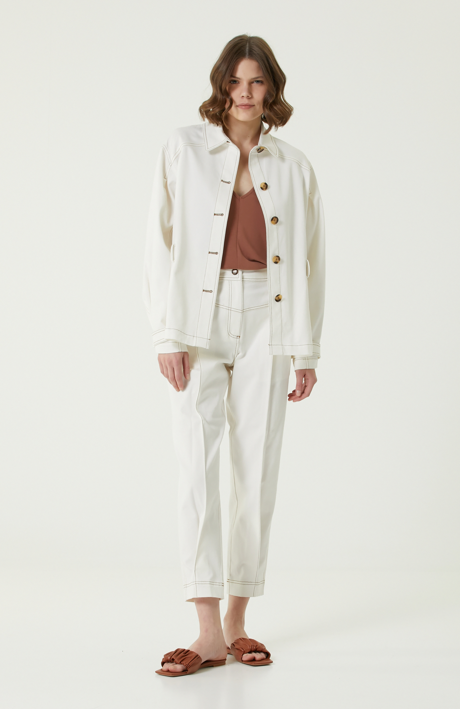 Regular Fit Ekru Pilili Pantolon