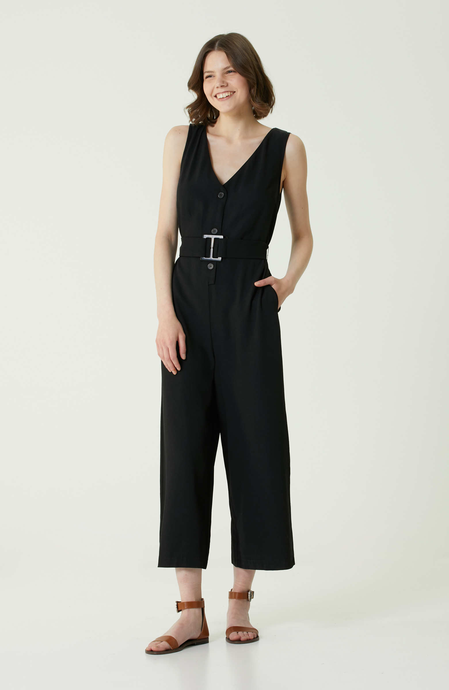 Regular Fit siyah Kemer Detaylı Tulum