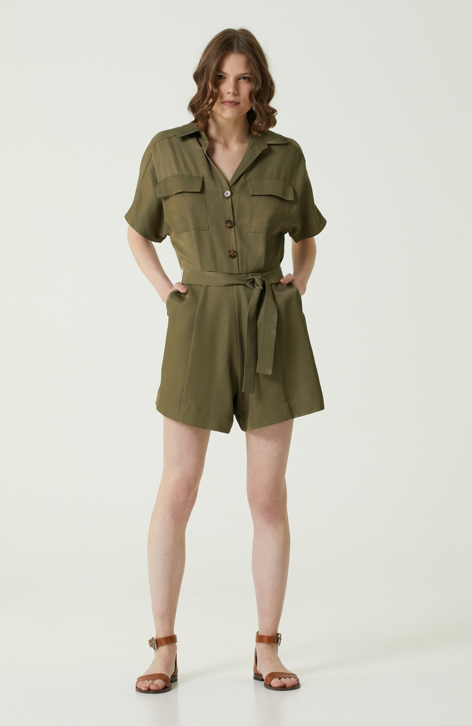 Slim Fit Haki Kuşaklı Tulum Slim Fit Haki Kuşaklı Tulum