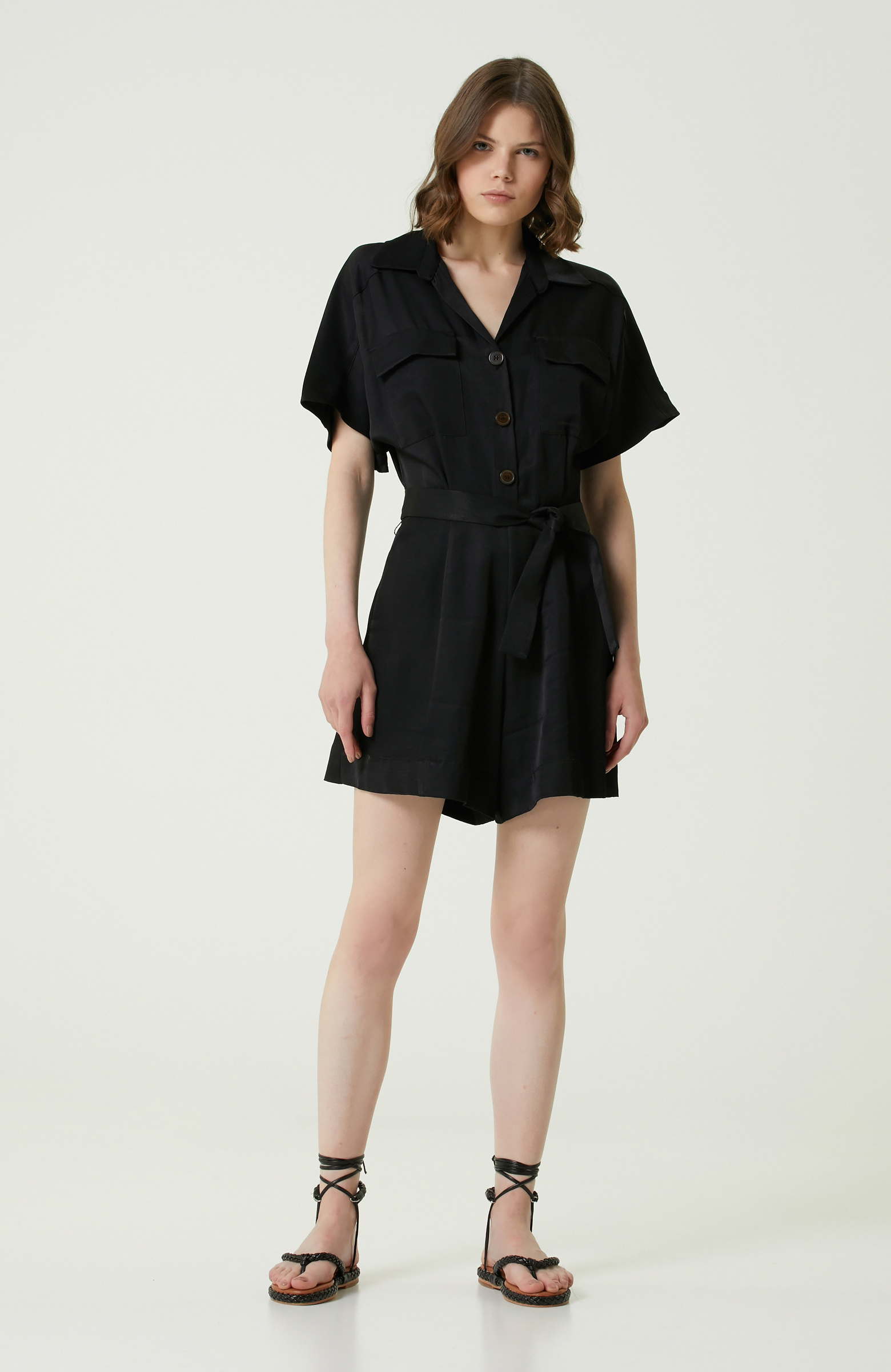 Slim Fit Siyah Beli Kuşaklı Mini Tulum