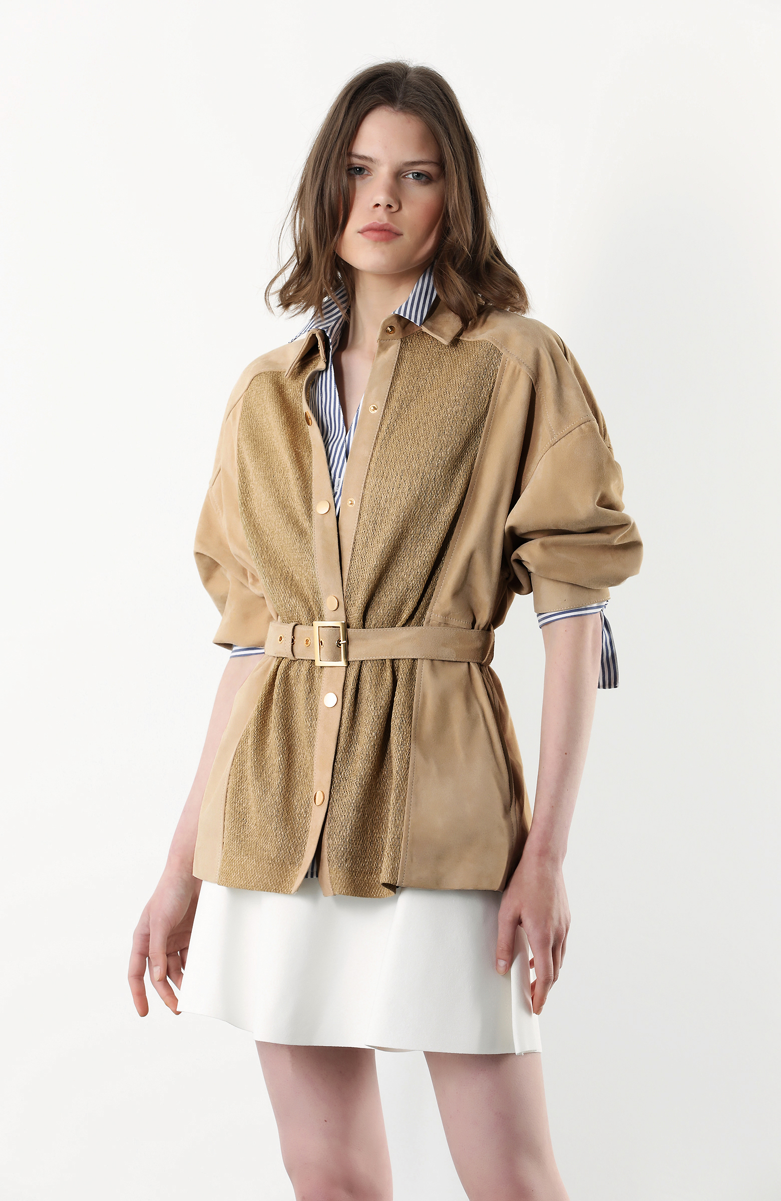 Regular Fit Bej Kemer Detaylı Süet Mont