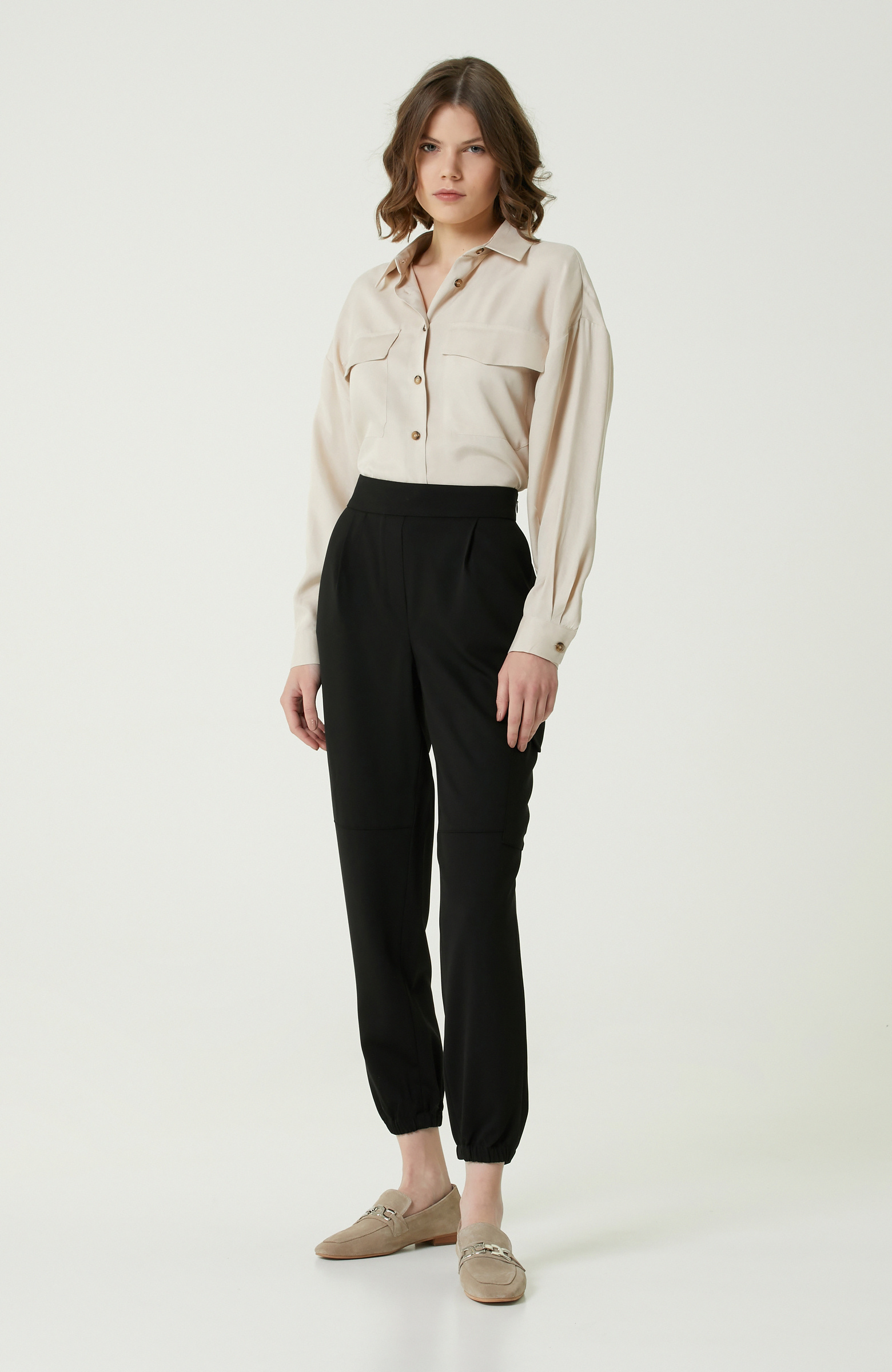 Slim Fit Siyah Yüksek Bel Yün Pantolon