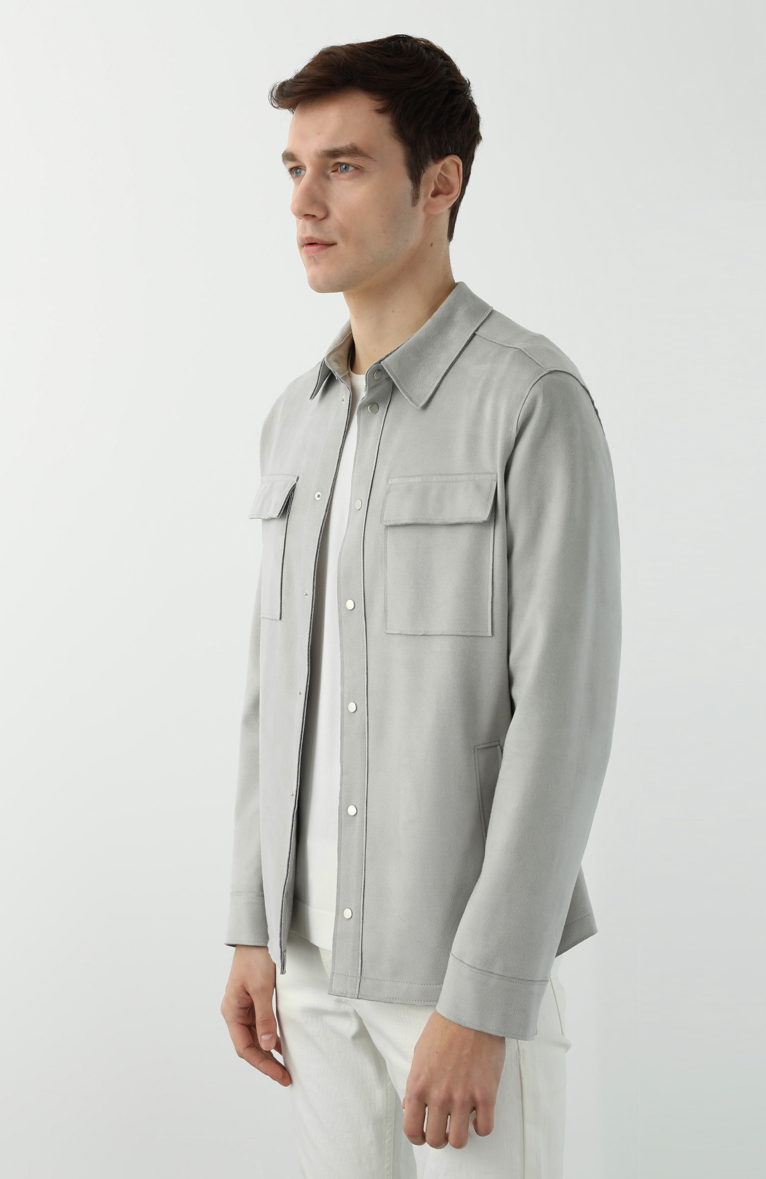 Slim Fit Gri İngiliz Yaka Gömlek Slim Fit Gri İngiliz Yaka Gömlek