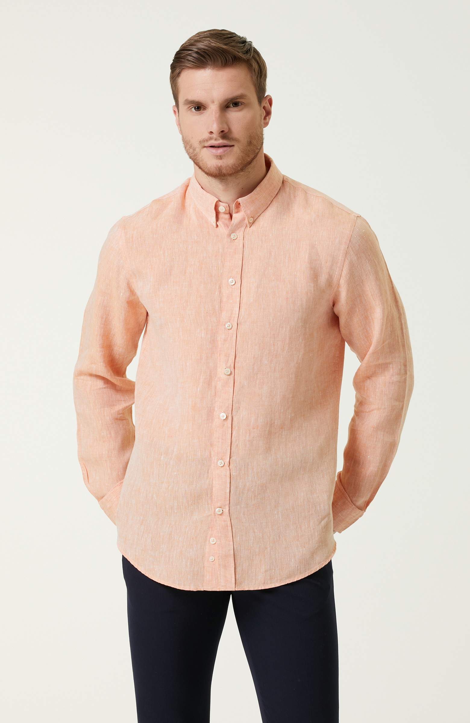 Comfort Fit Turuncu Keten Gömlek