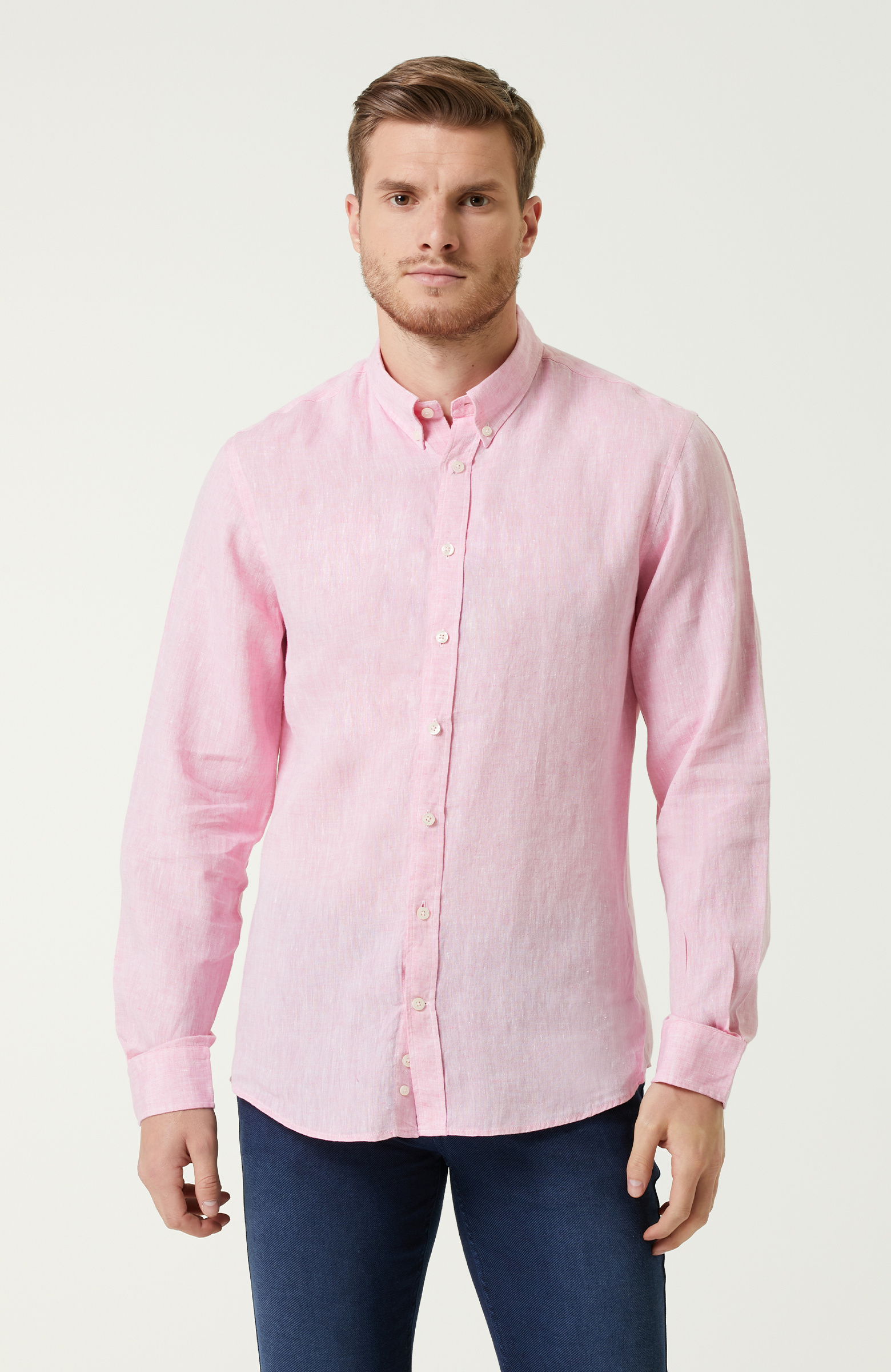 Comfort Fit Pembe Keten Gömlek Comfort Fit Pembe Keten Gömlek