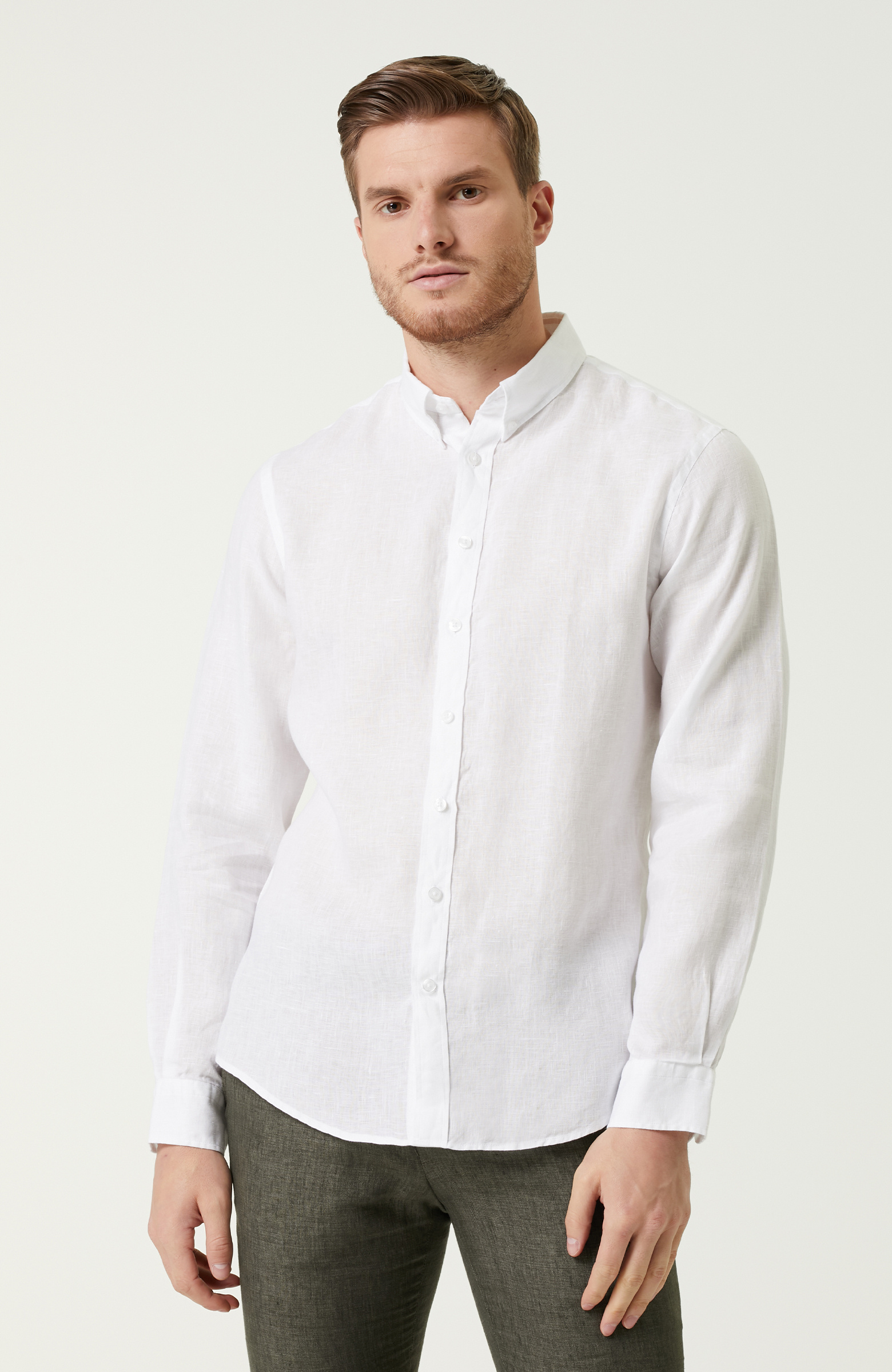 Comfort Fit Beyaz Keten Gömlek