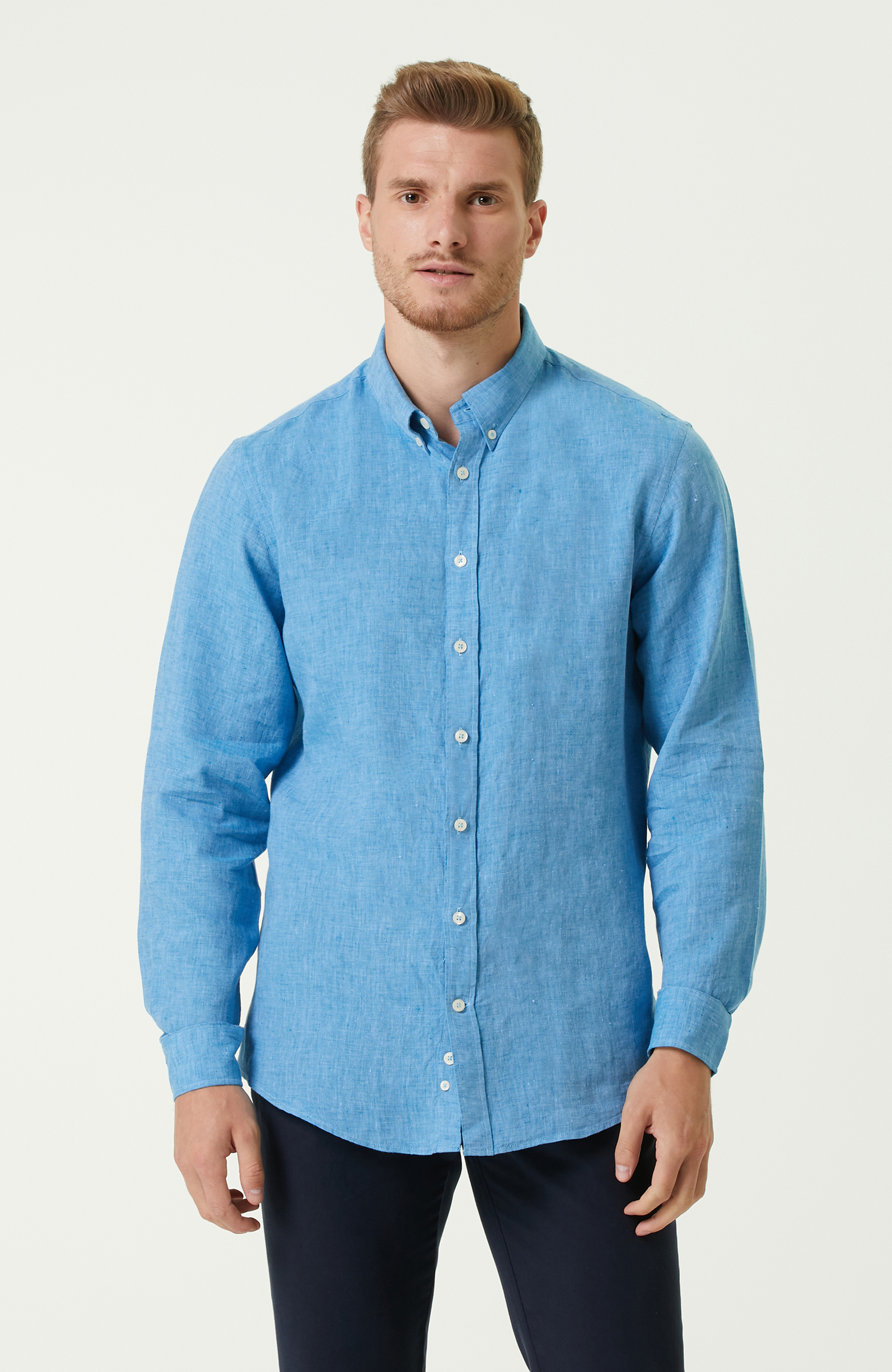 Comfort Fit Turkuaz Keten Gömlek