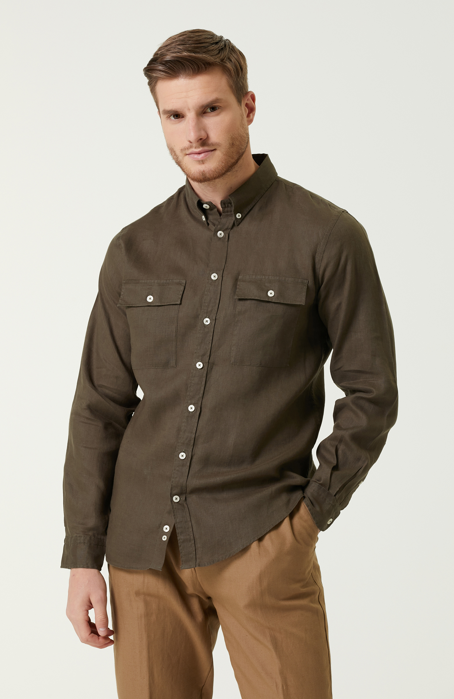 Comfort Fit Haki Keten Gömlek Comfort Fit Haki Keten Gömlek