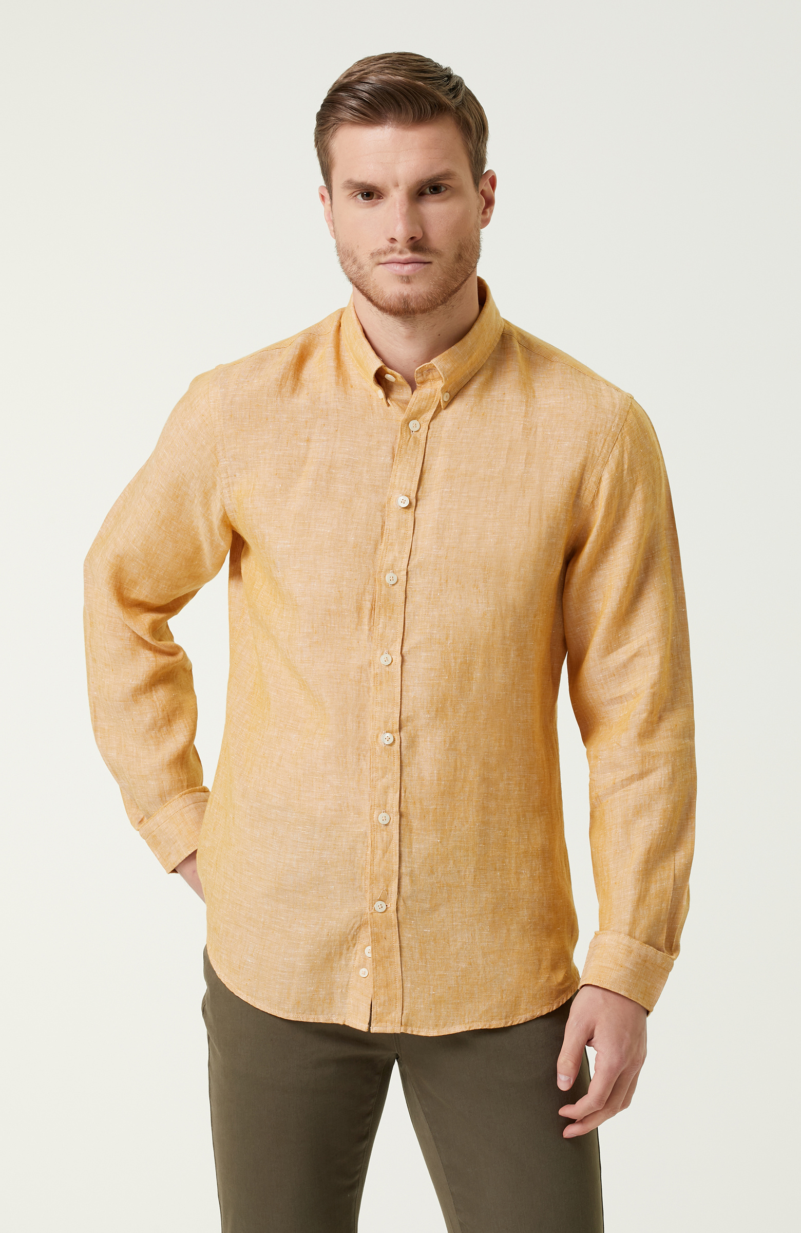 Comfort Fit Sarı Keten Gömlek