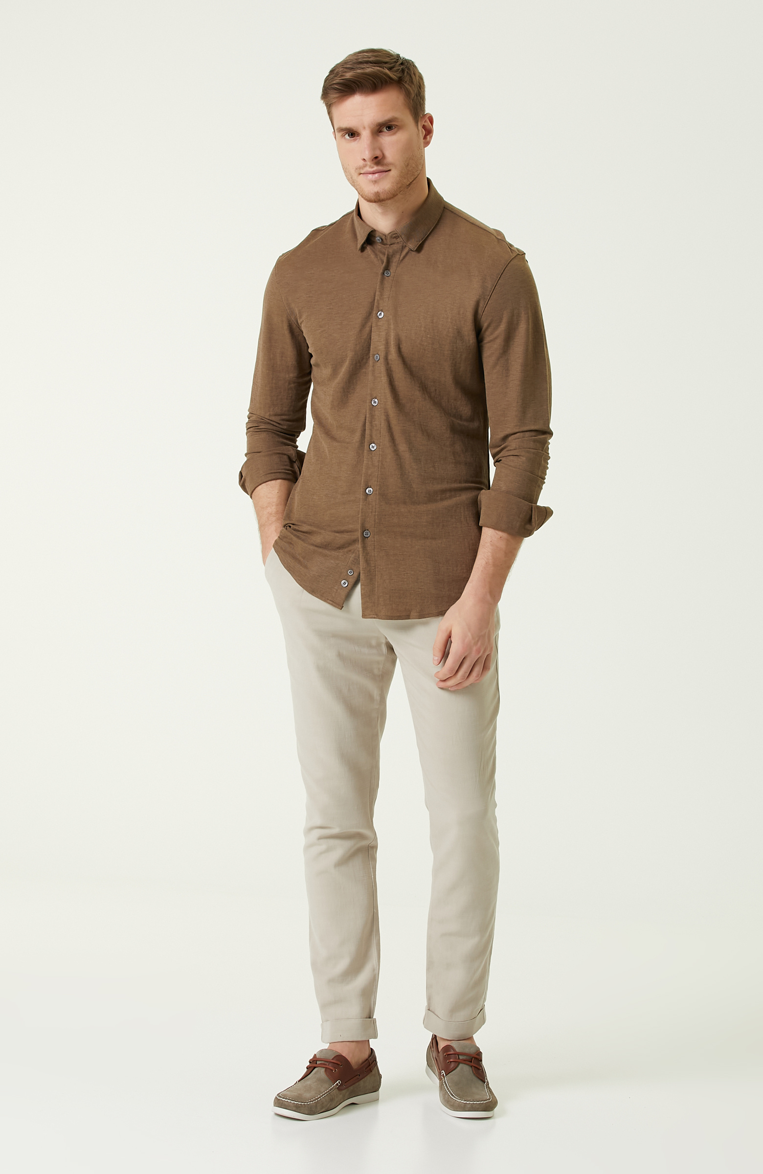 Slim Fit Bej Paça Detaylı Pantolon