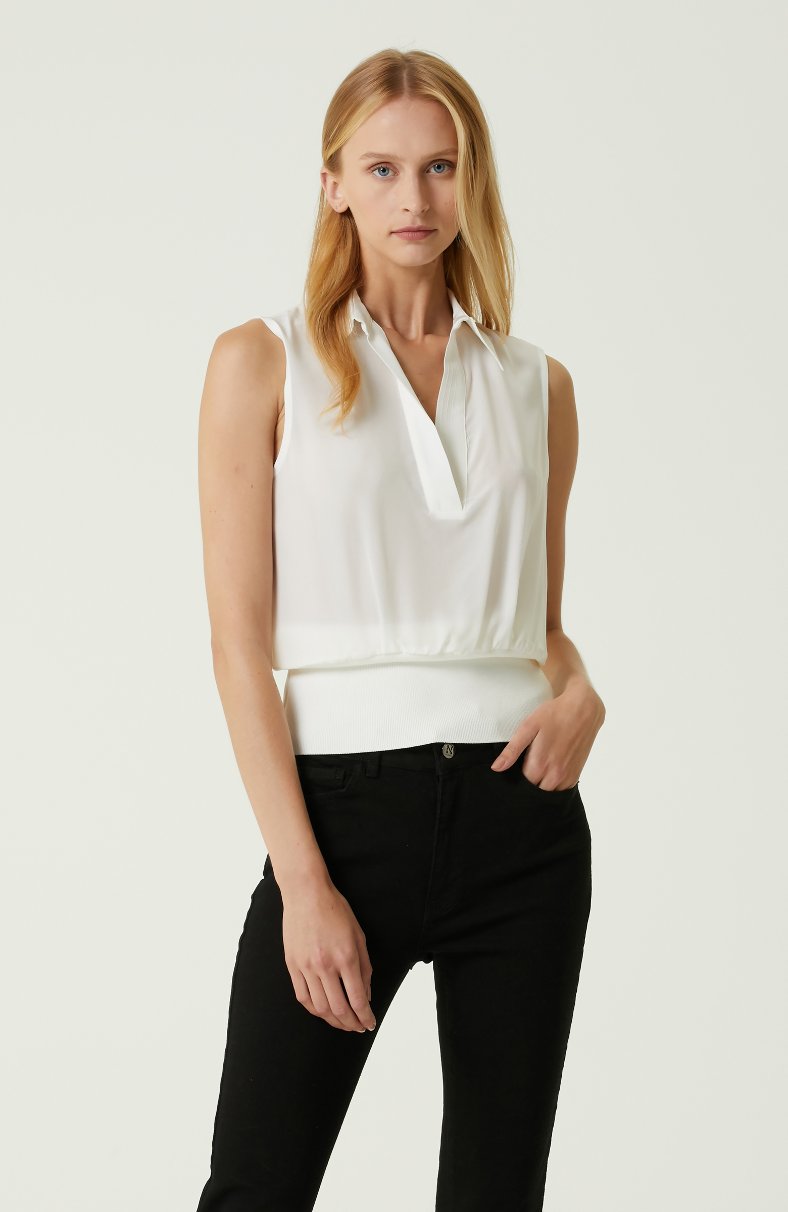 Slim Fit Beyaz İpek Bluz