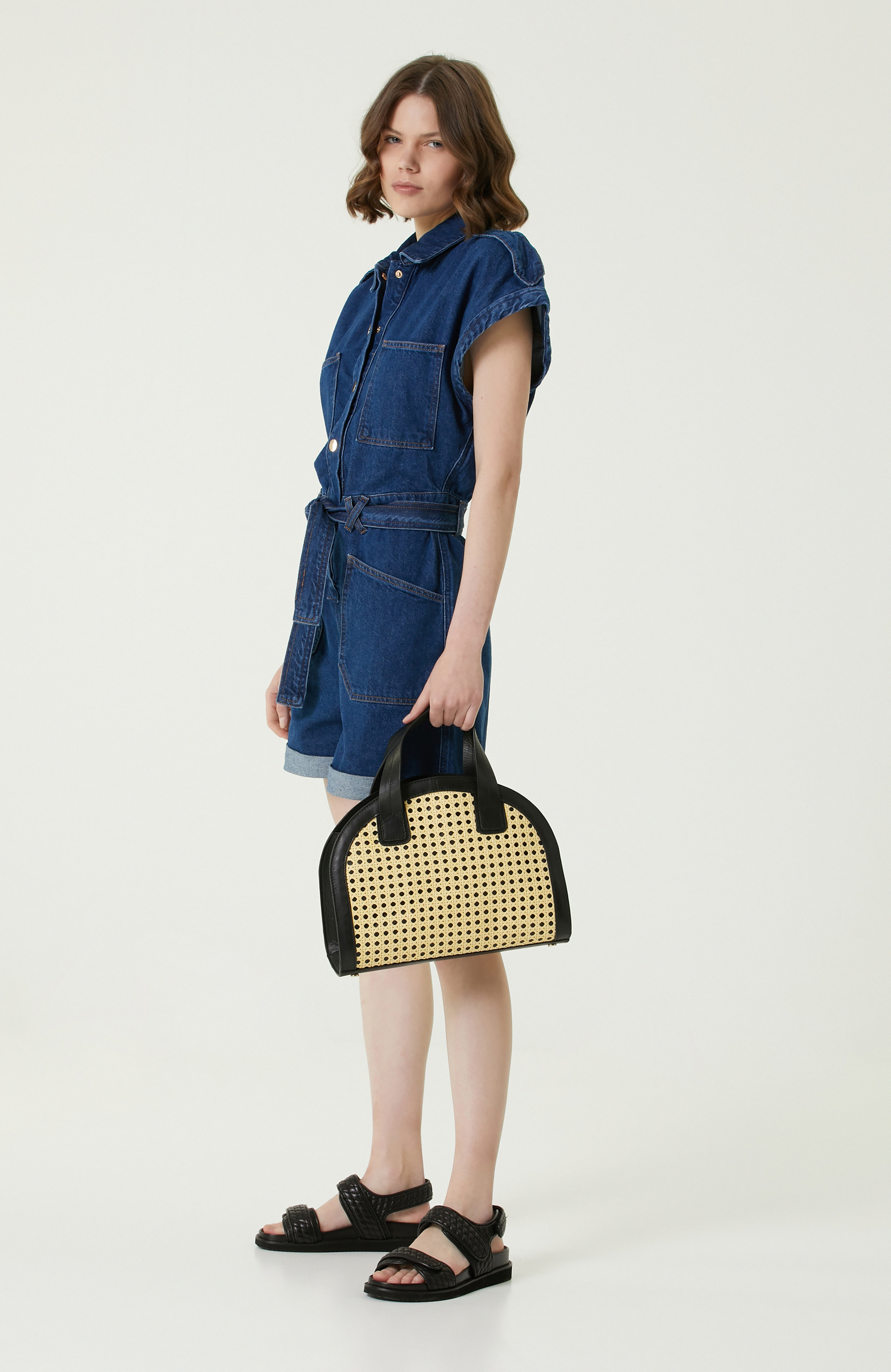 Siyah Örgü Dokulu Kadın Deri Çanta