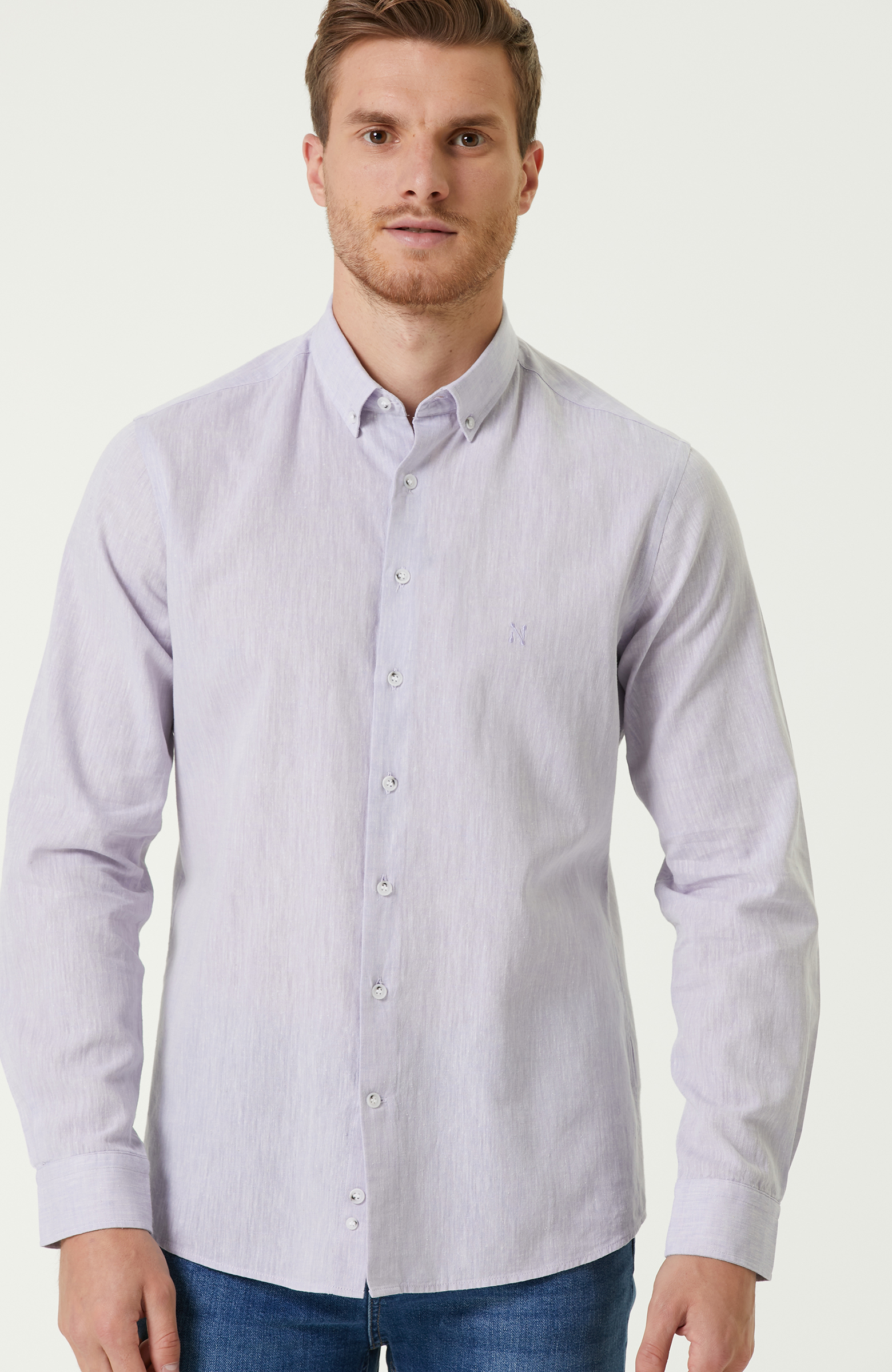 Slim Fit Lila Düğmeli Yaka Gömlek Slim Fit Lila Düğmeli Yaka Gömlek