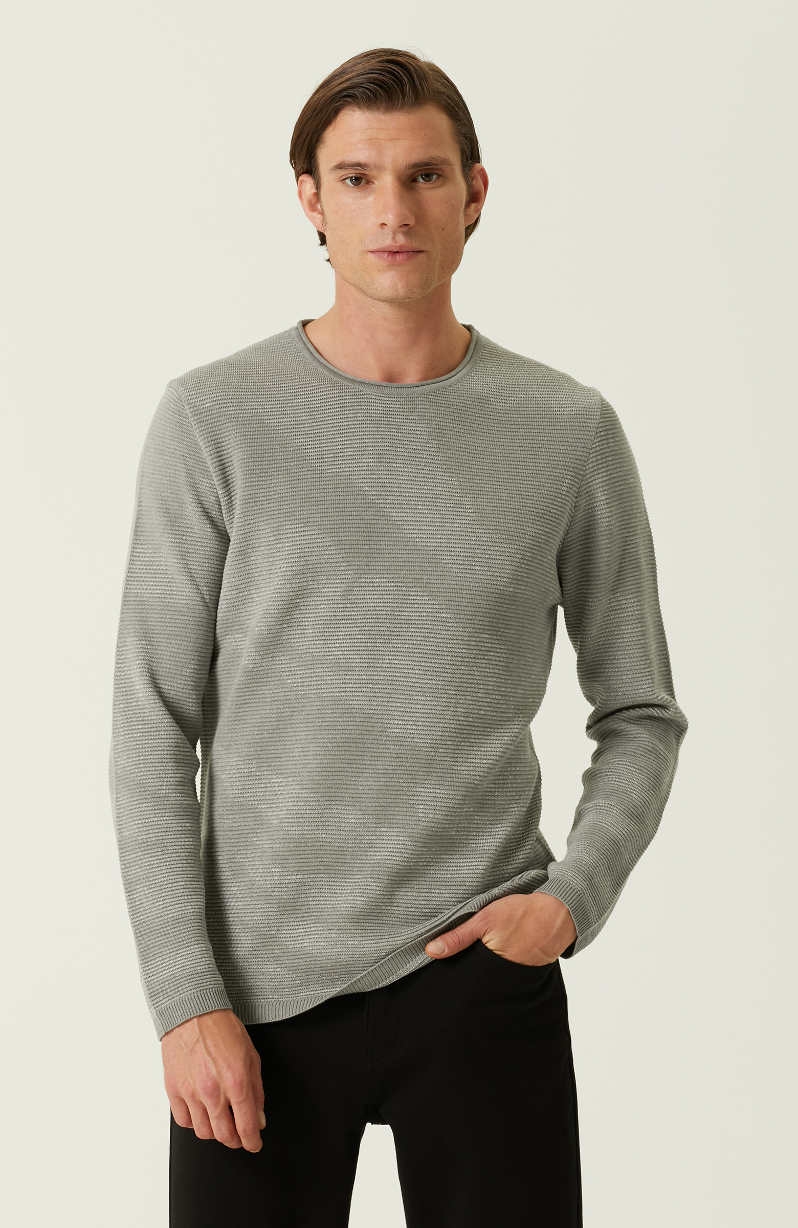 Slim Fit Ekru Desenli Kazak