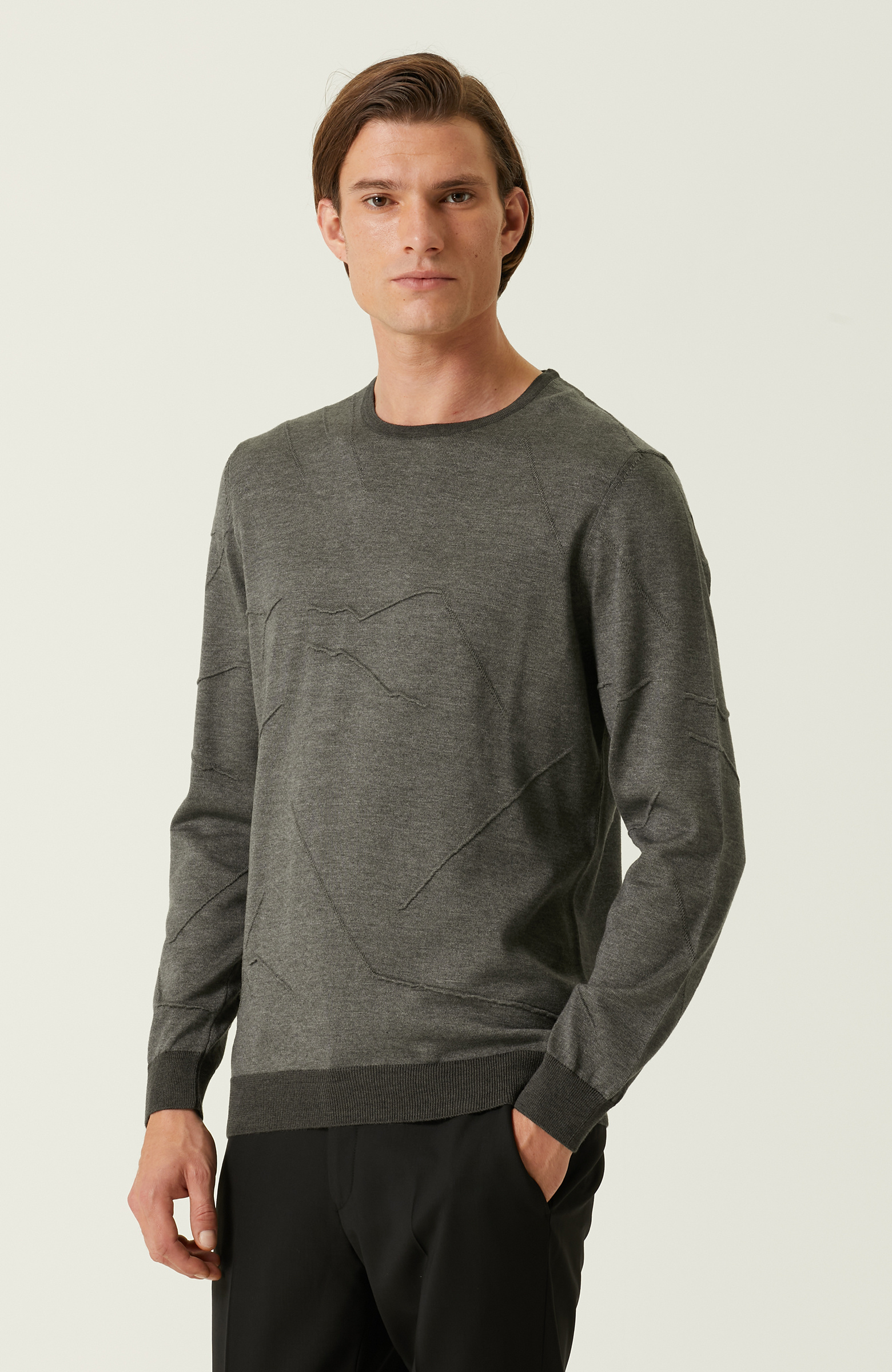 Slim Fit Gri Nervürlü Kazak