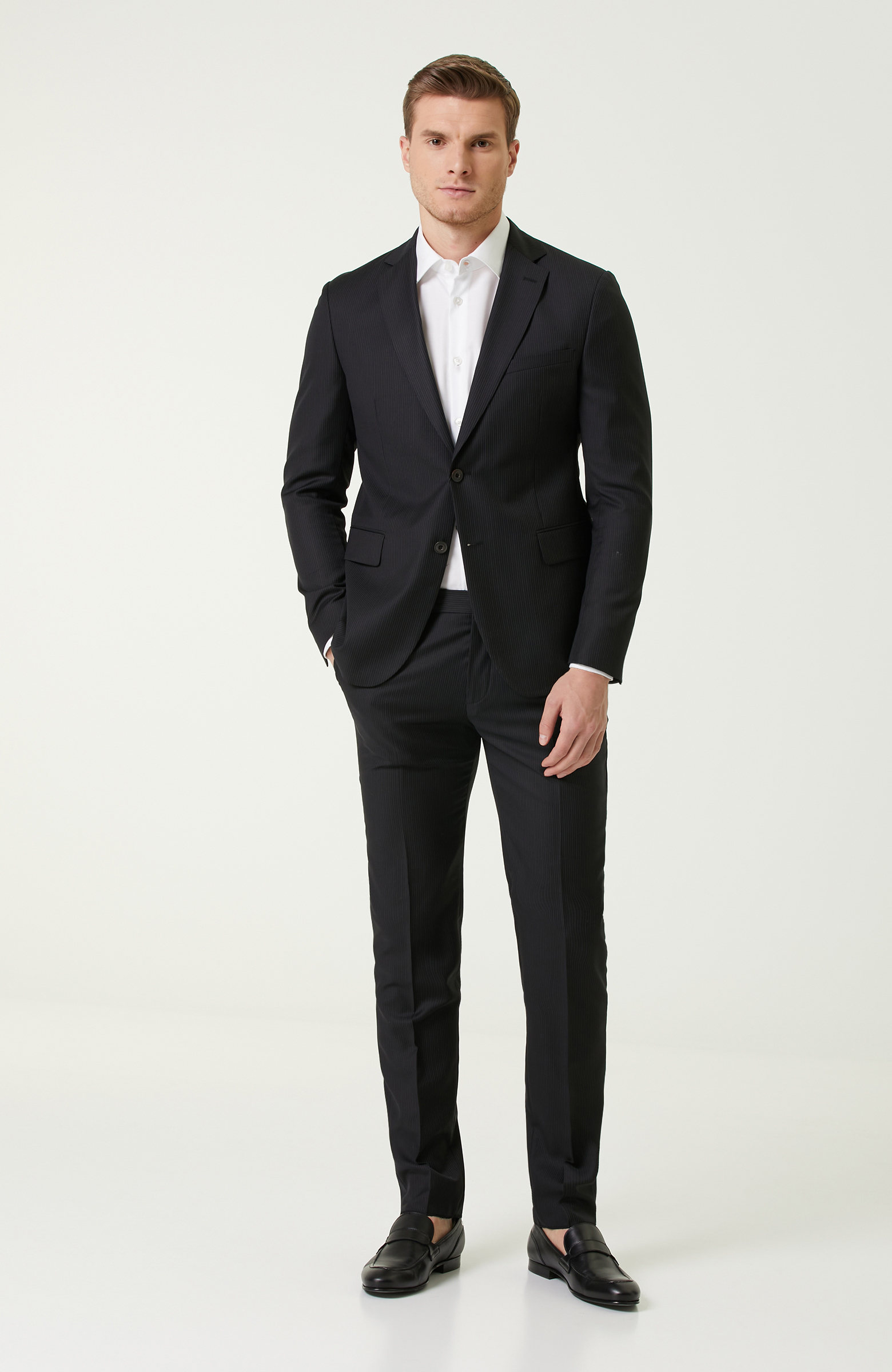 Drop 6 Slim Fit Siyah Çizgili Yün Takım Elbise Drop 6 Slim Fit Siyah Çizgili Yün Takım Elbise