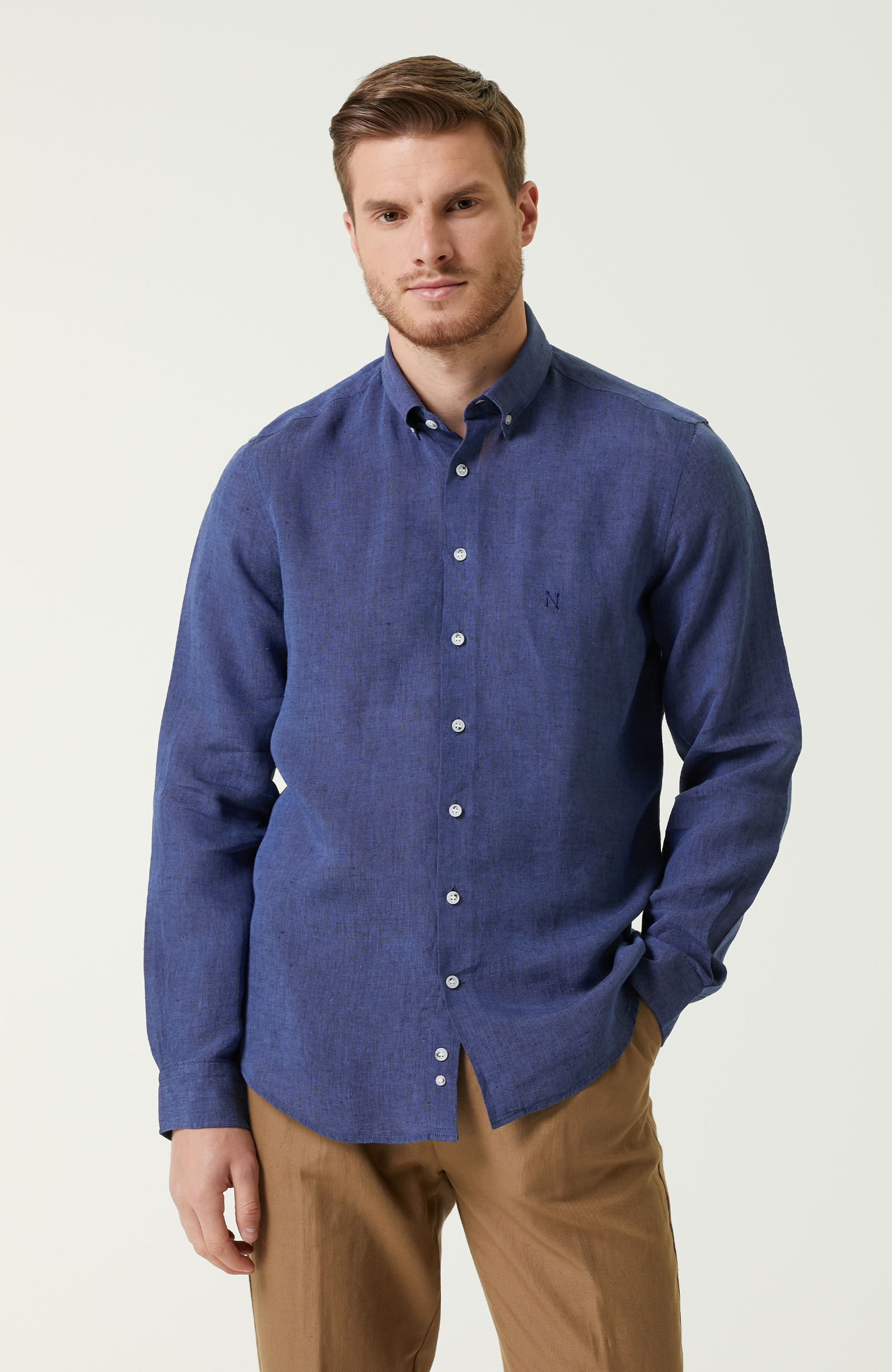 Comfort Fit Lacivert Keten Gömlek