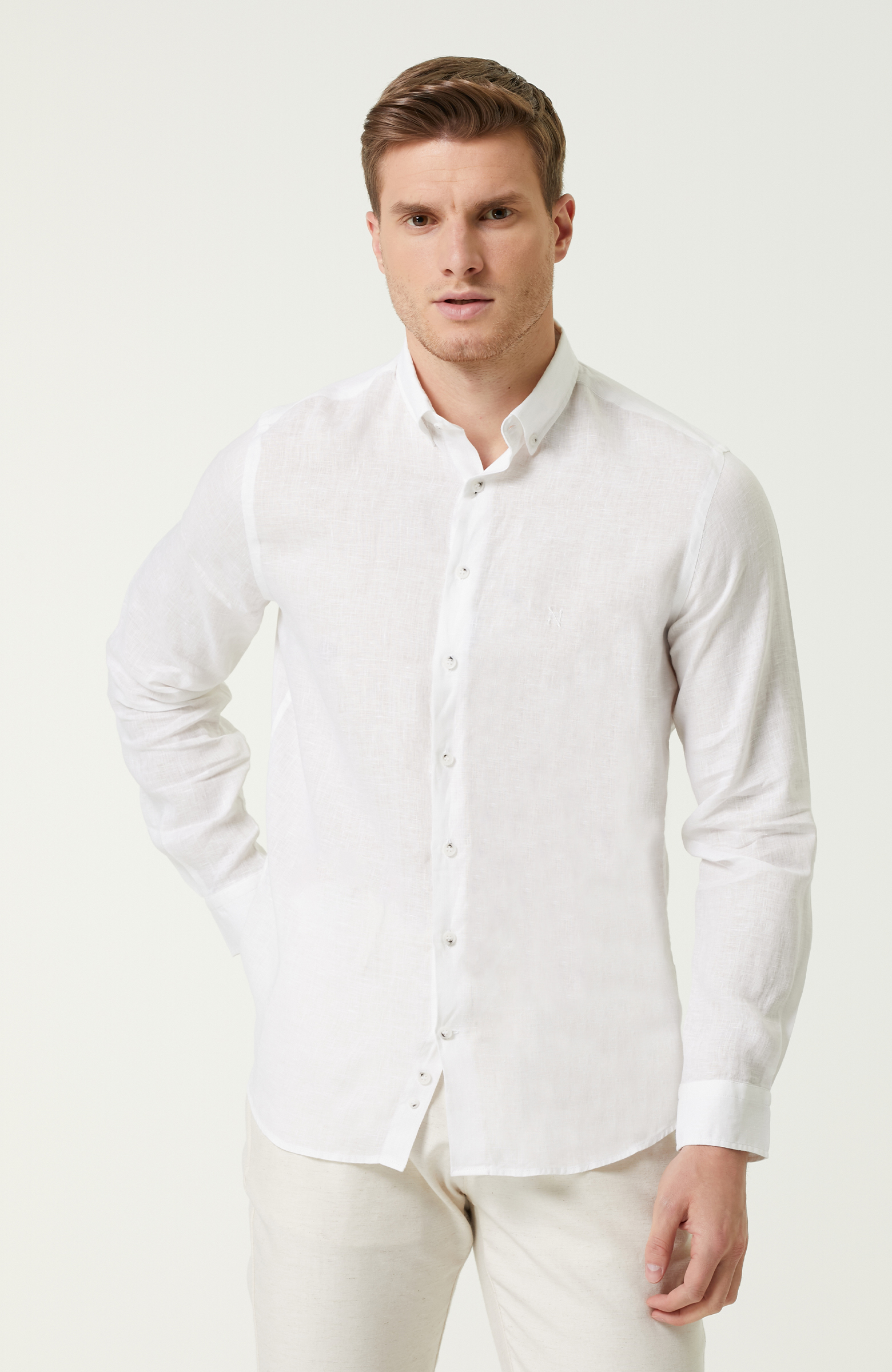 Slim Fit Beyaz Keten Gömlek