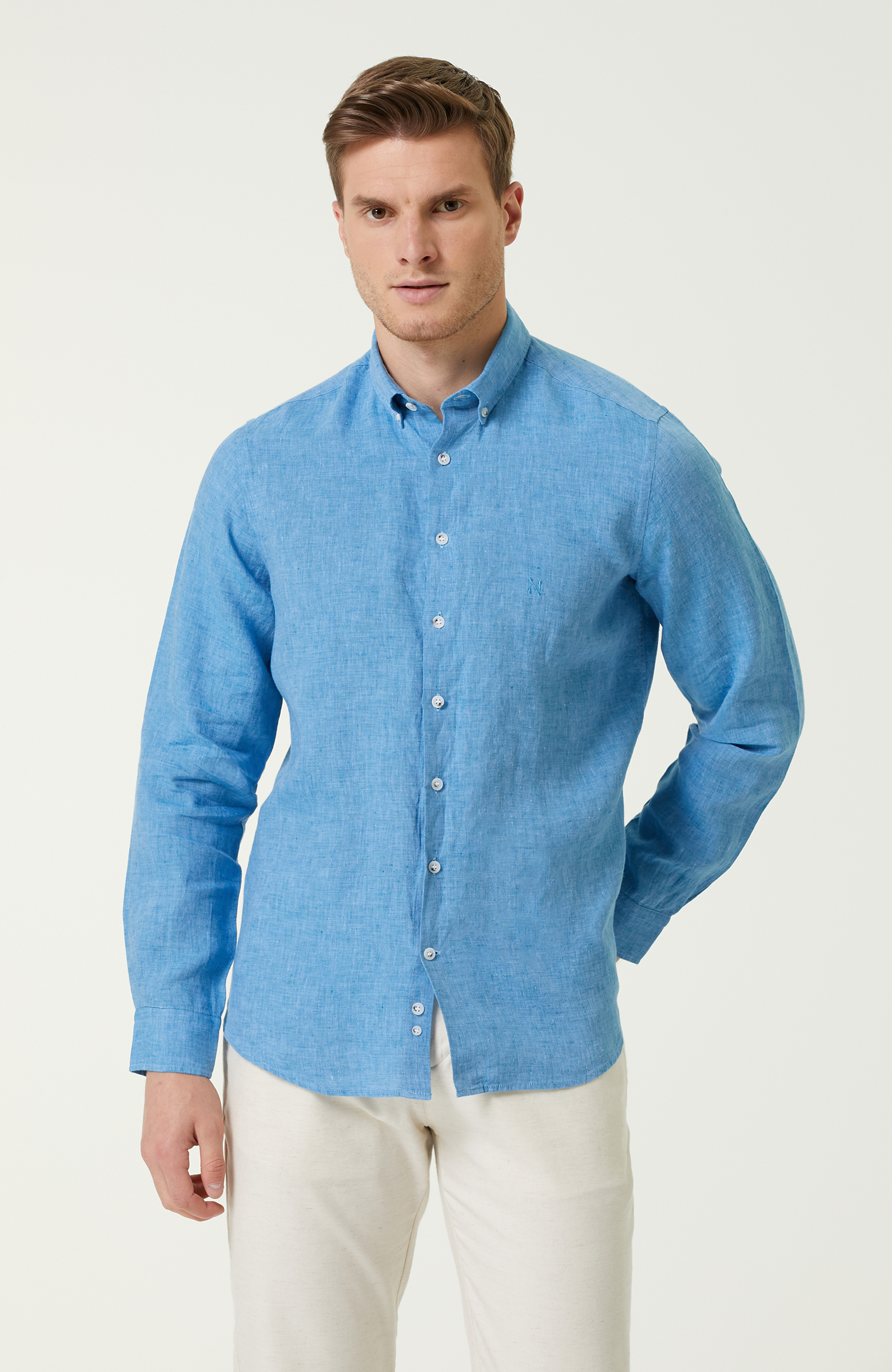 Comfort Fit Turkuaz Keten Gömlek